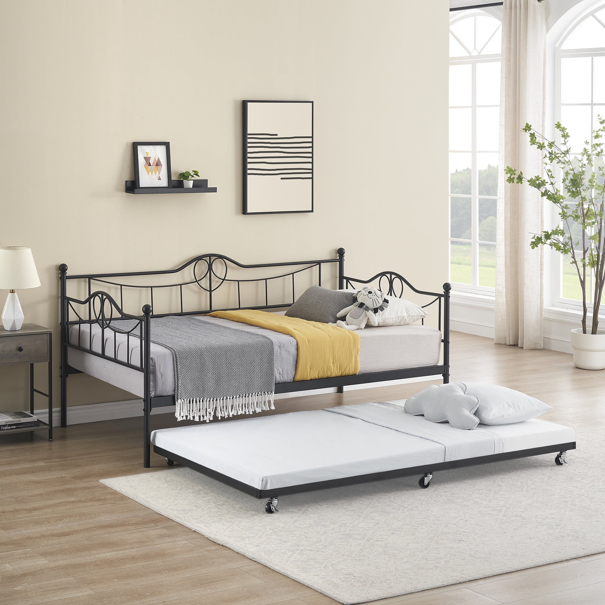 Metal Daybed Frame with Trundle Heavy Duty Metal Slats/Mattress ...