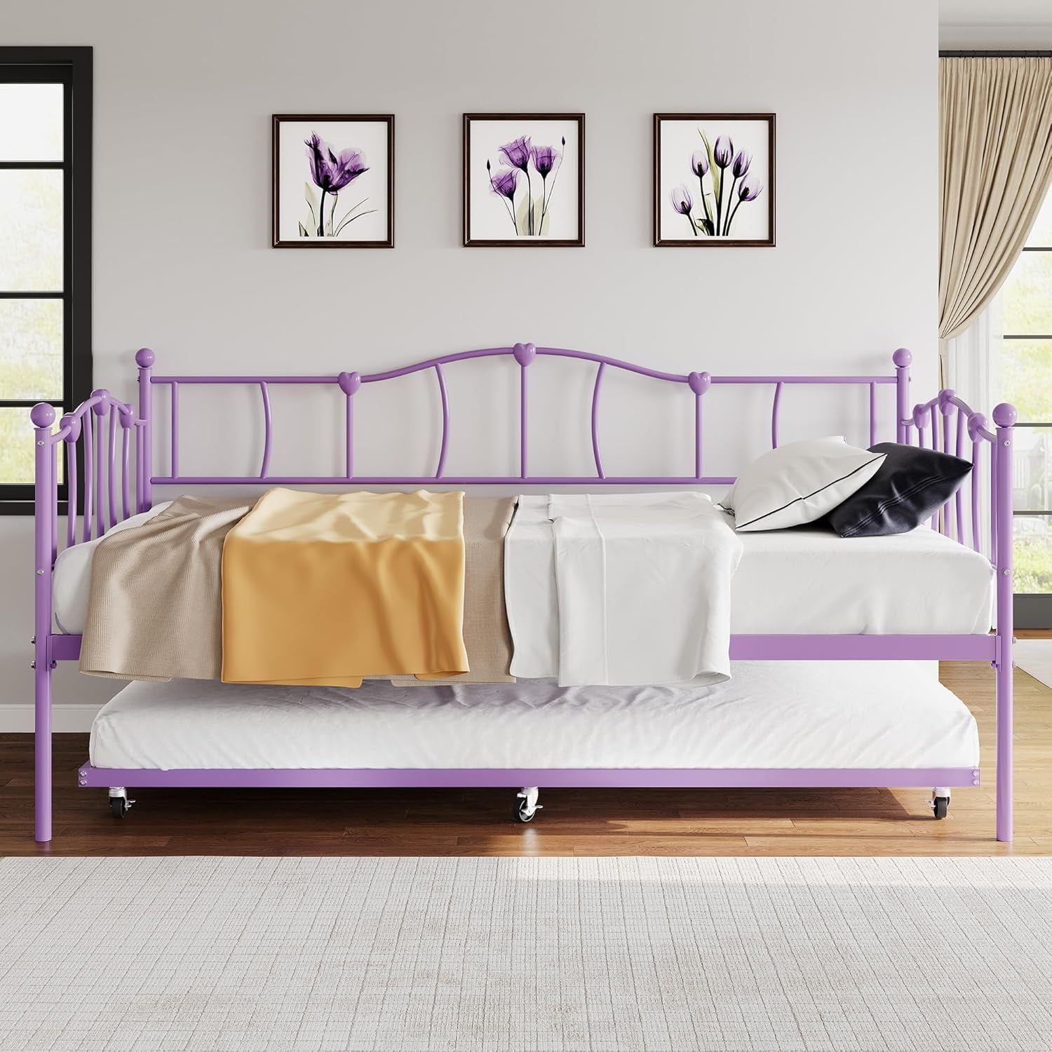 Metal Daybed with Trundle Bed, Twin Size Day Bed, Premium Metal Frame ...
