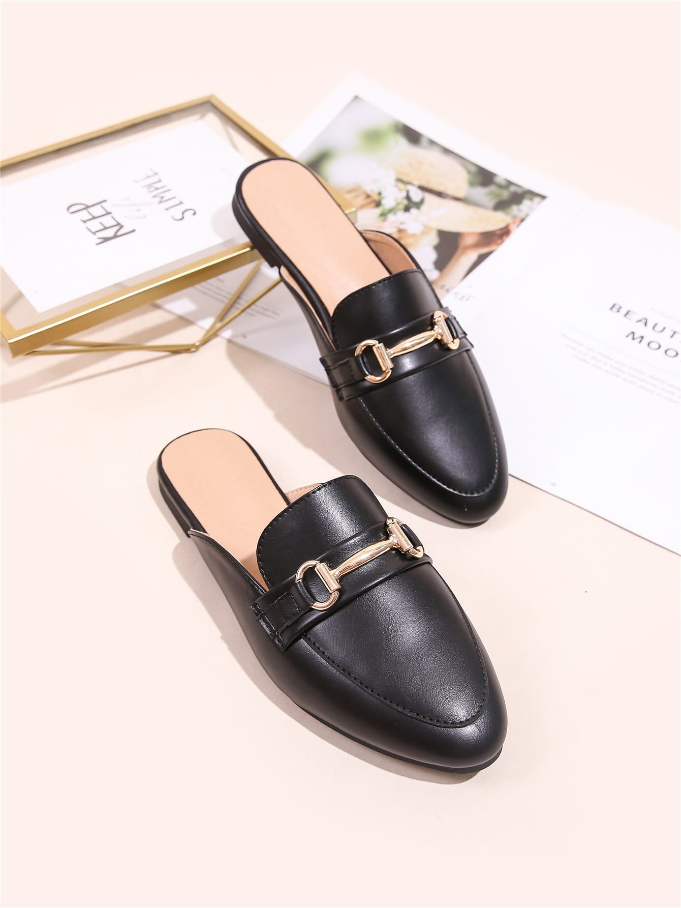 Metal Decor Flat Mules Elegant Apricot-colored Solid Color Mule High ...