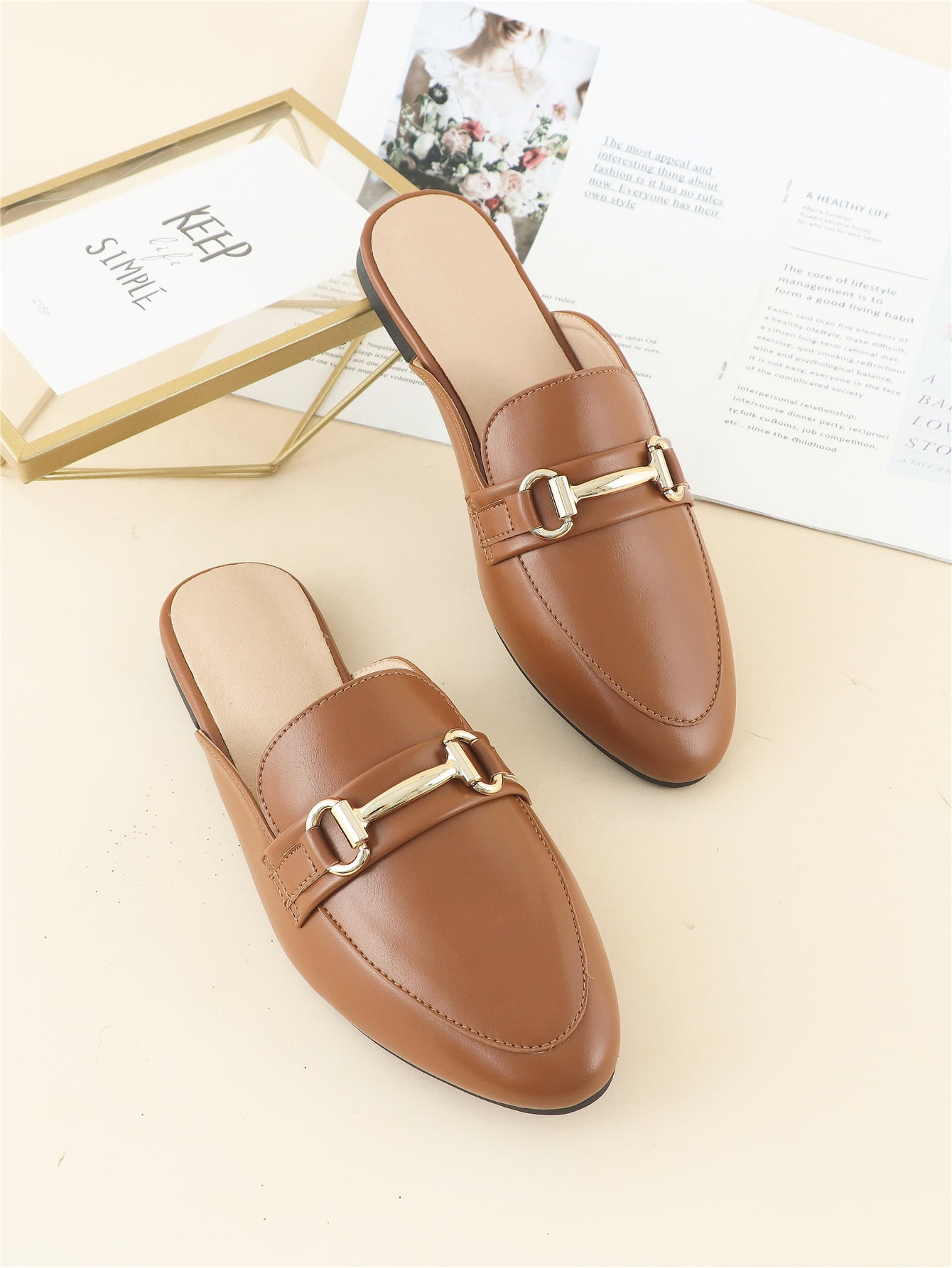 Metal Decor Flat Mules Elegant Apricot-colored Solid Color Mule High ...