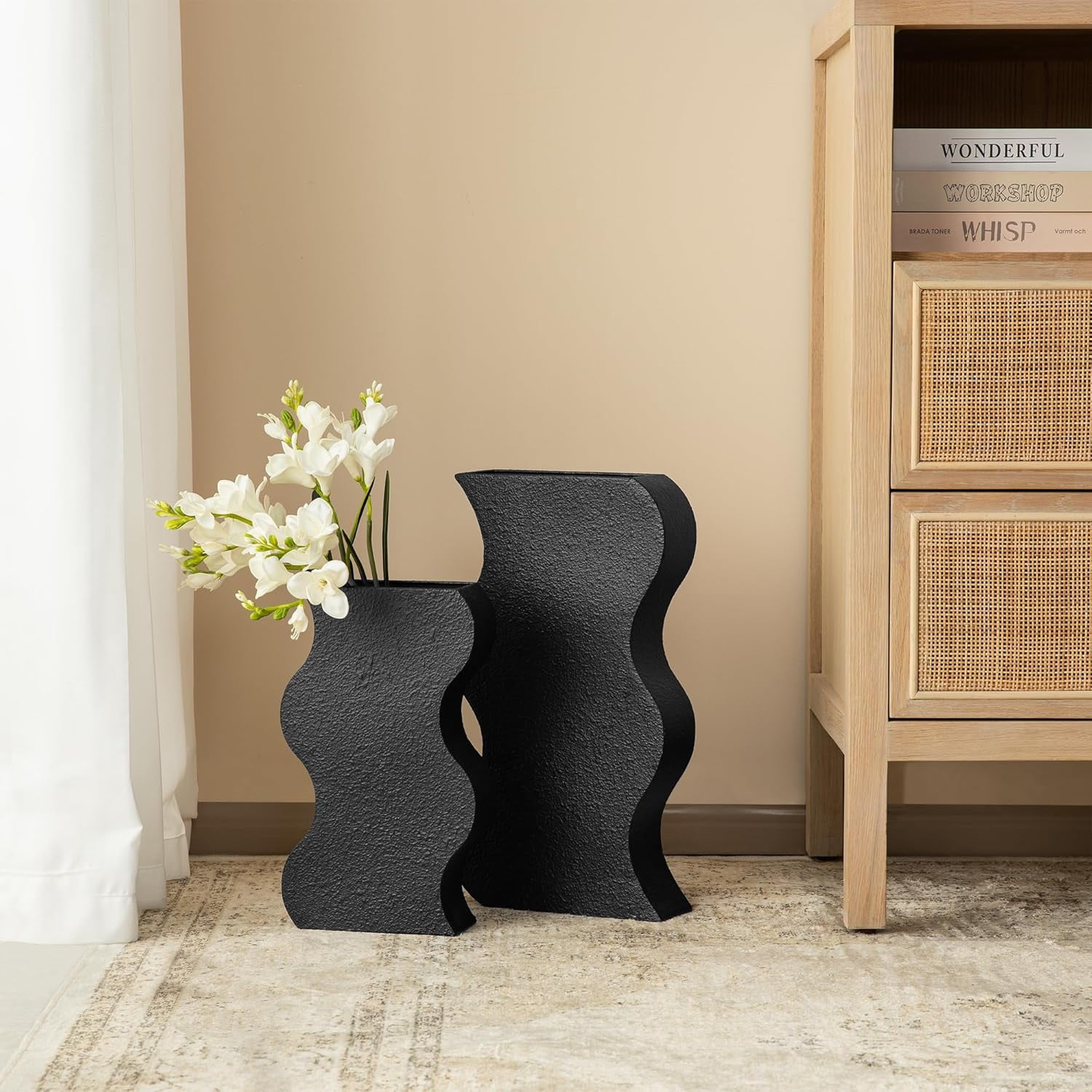 Metal Decorative Vase, Tall Floor Vase, Set of 2 Modern Black Textured ...