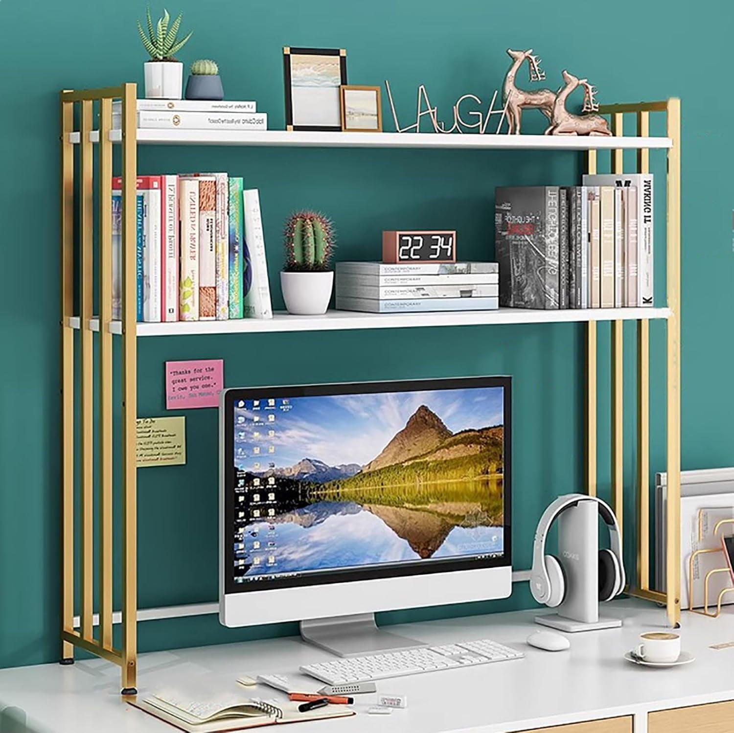 Metal Desk Hutch Dorm,2-Tier Desktop Bookshelf,Computer Desktop ...