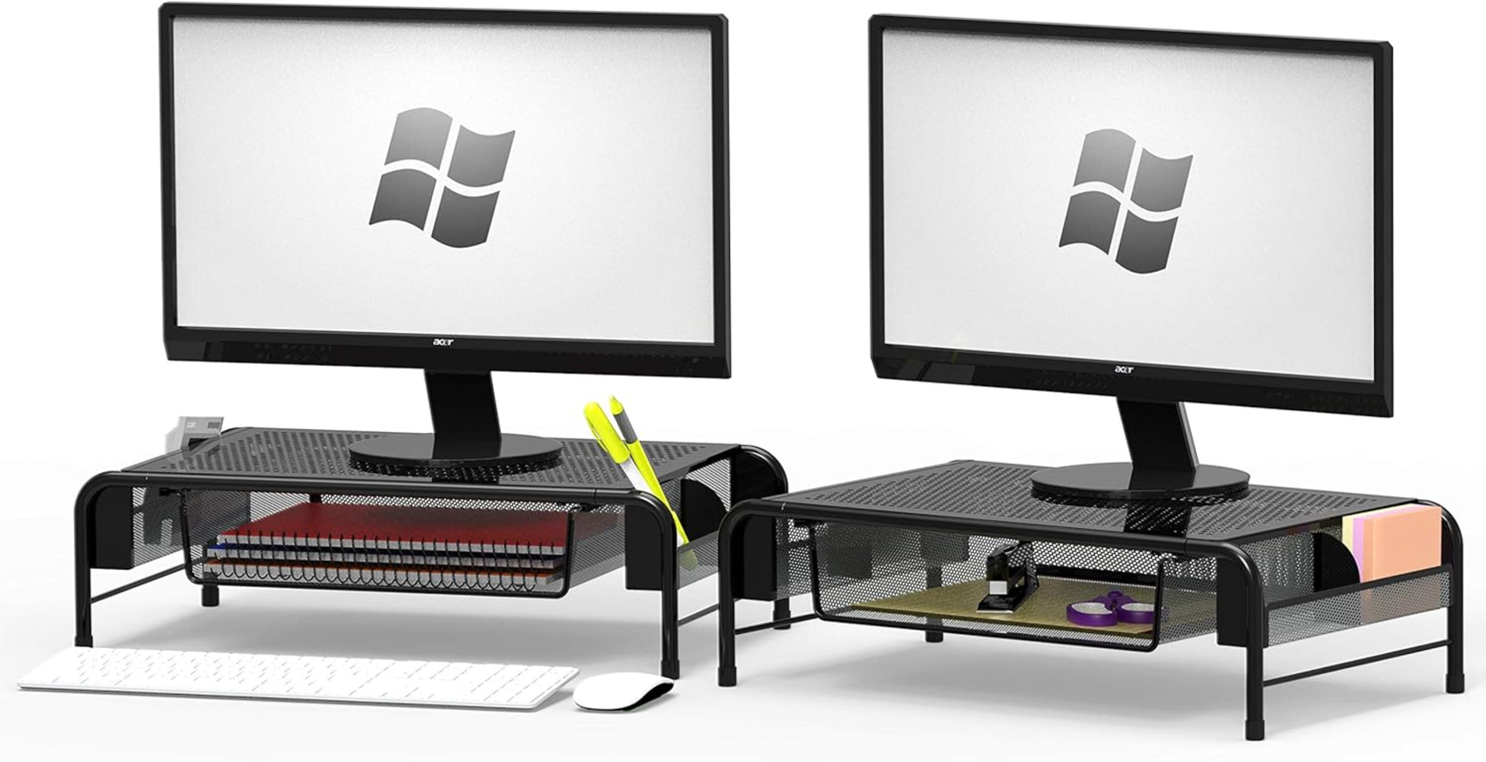 Metal Desk Monitor Stand Riser with Organizer Drawer, Black, 2 Packs ...