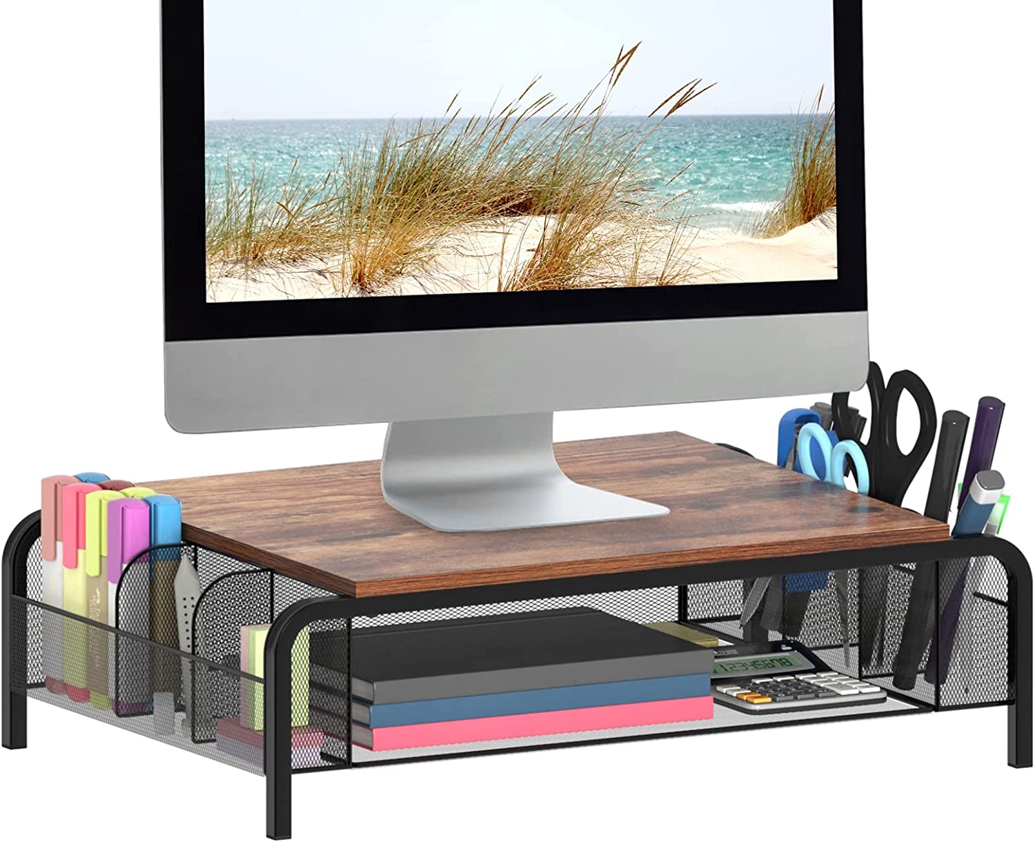 Metal Desk Monitor Stand Riser with Organizer Drawer, Rustic Monitor ...