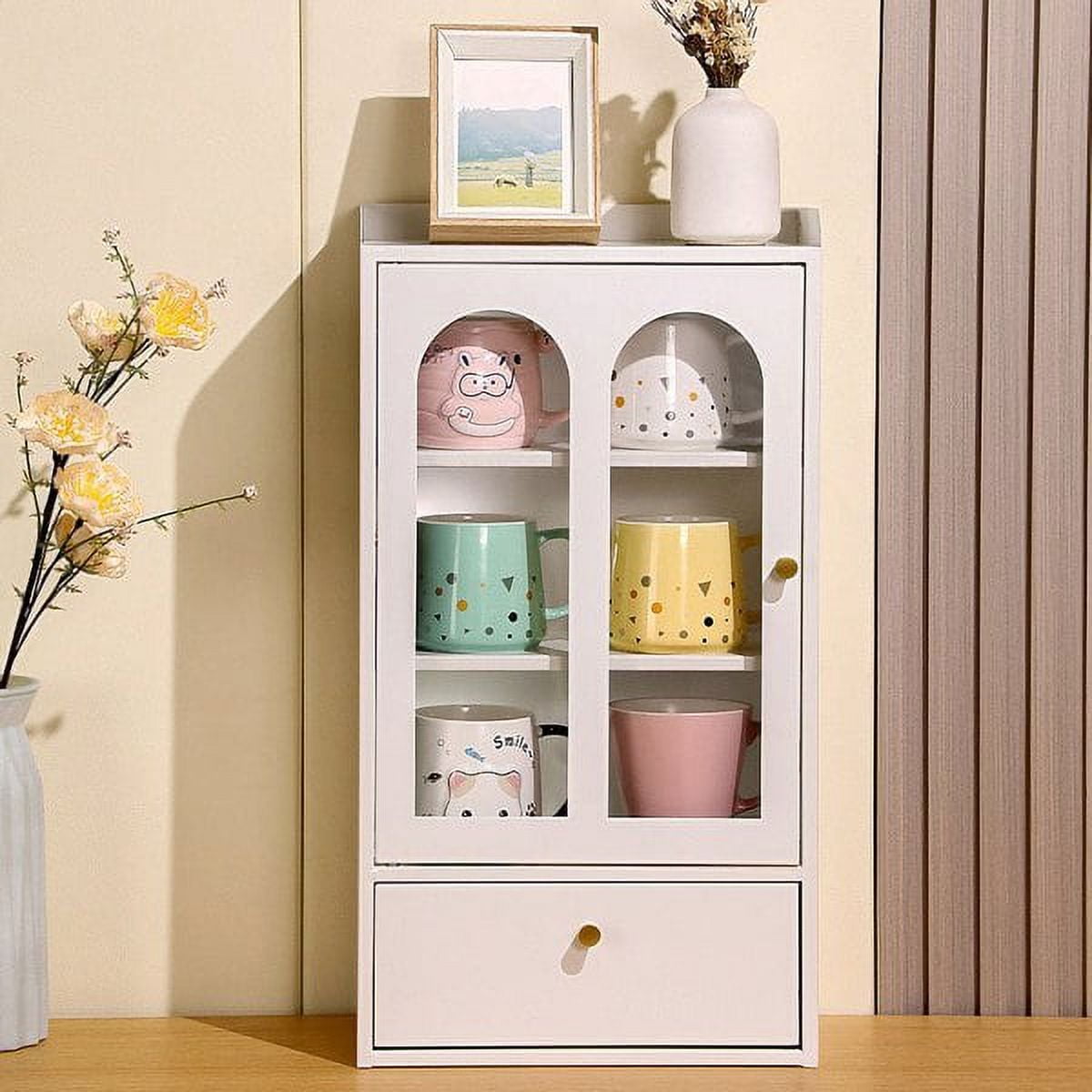 Metal Desktop Display Cabinet with Drawers Storage of Cups, Cosmetics ...