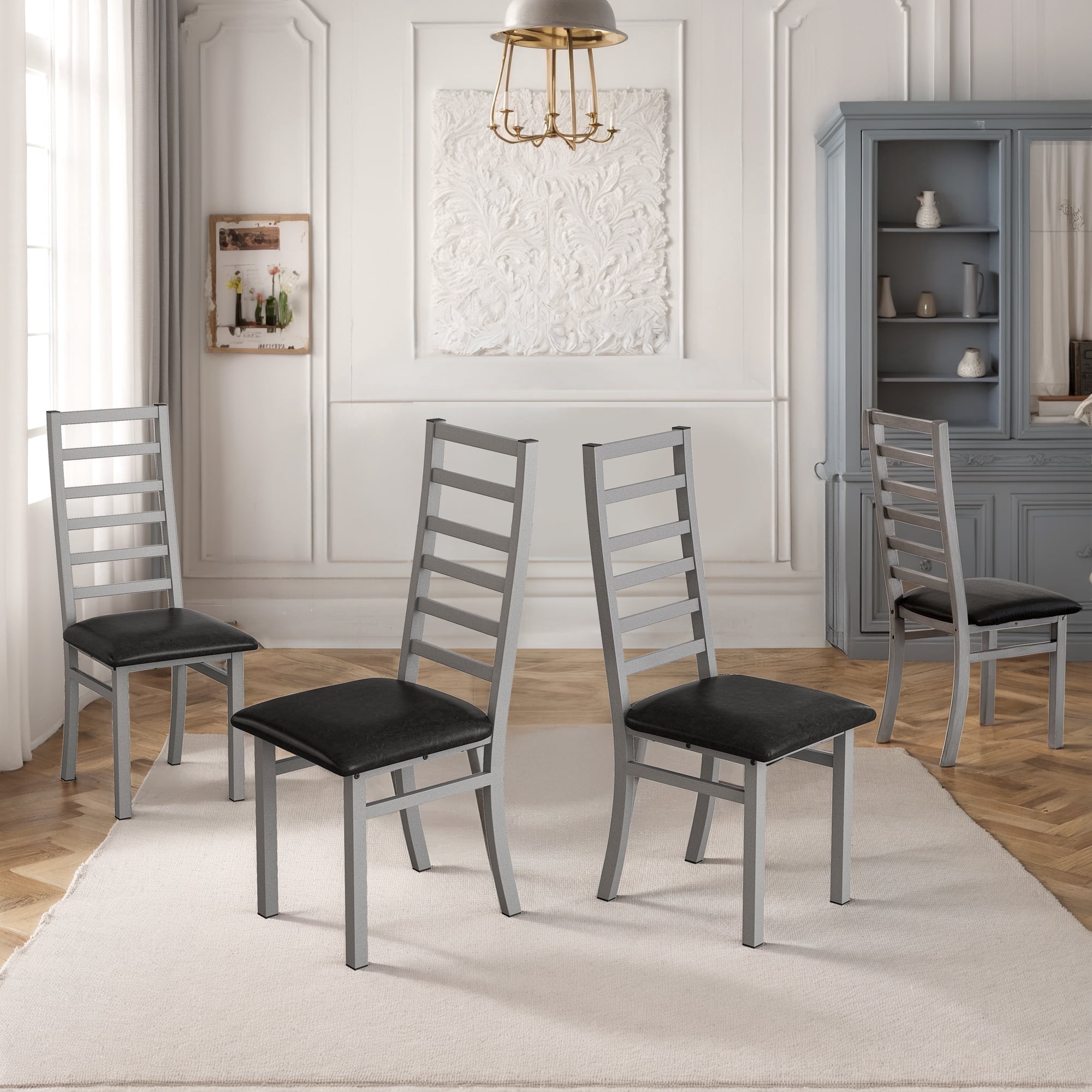 Metal Dining Chairs Set of 4, Steel Legs and PU Leather Seats, High ...