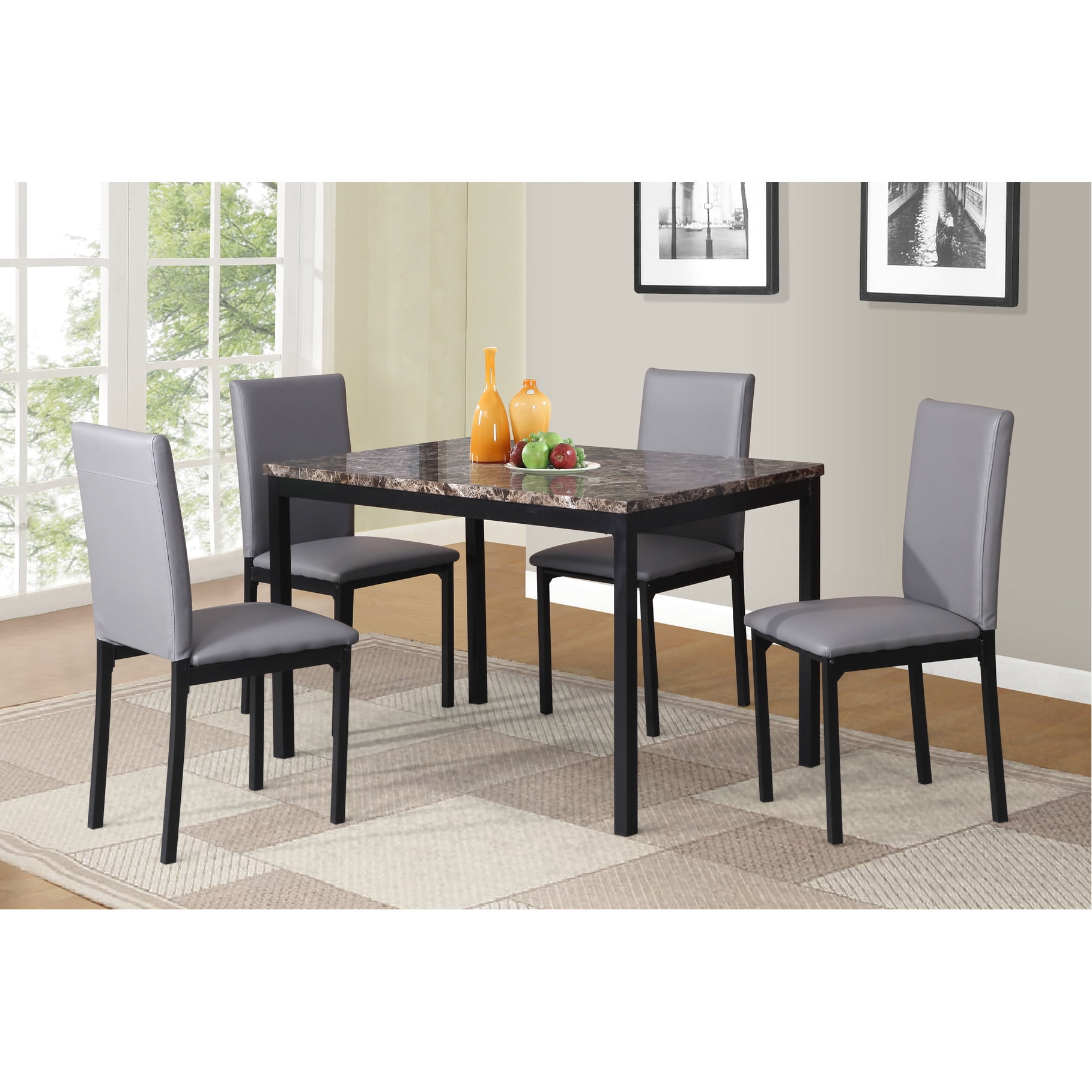 Metal Dining With Faux Marble Tabletop And Gray Vinyl Upholstered Chair ...