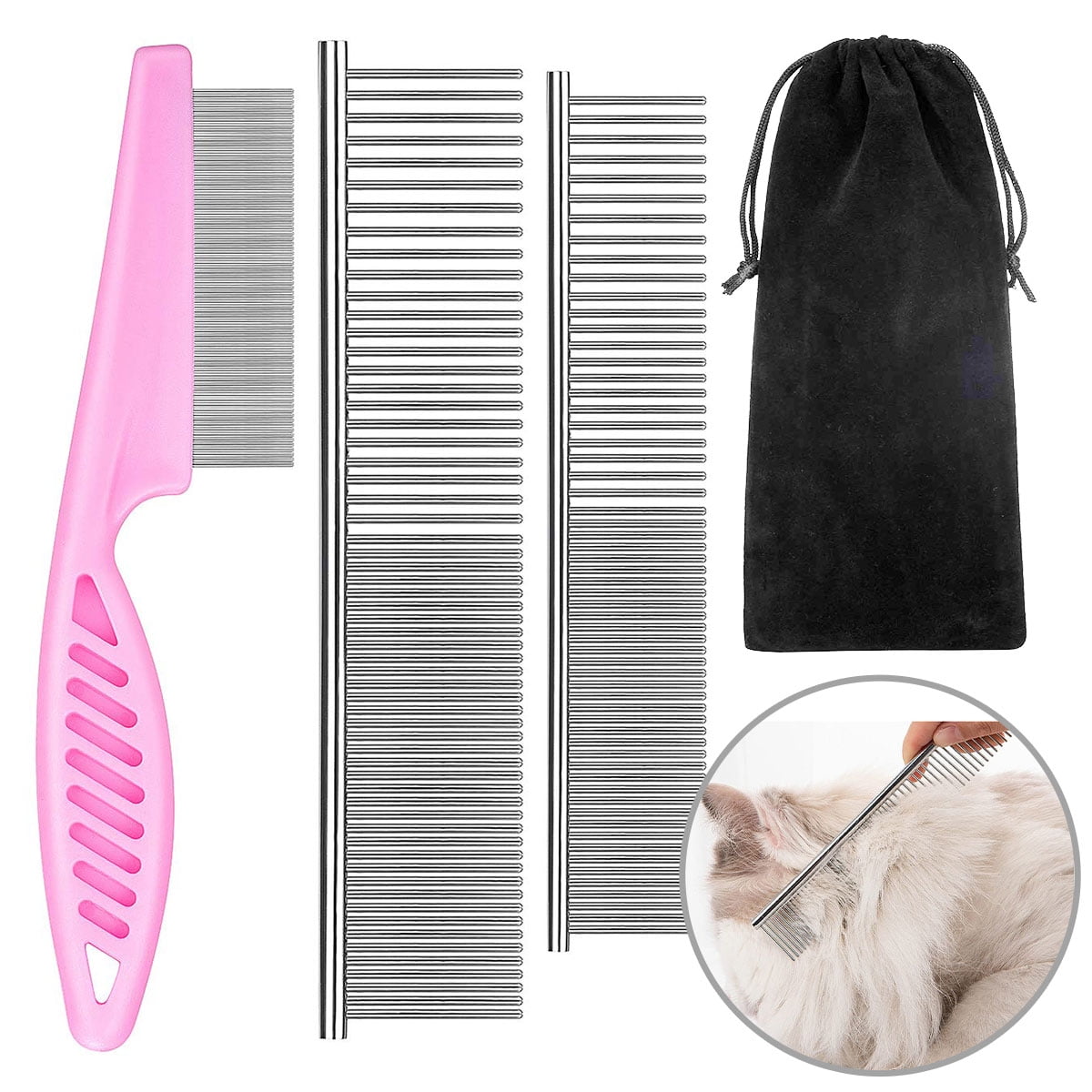 Qishi Metal Dog Comb and Cat Grooming Set, Stainless Steel, 2 Sizes ...
