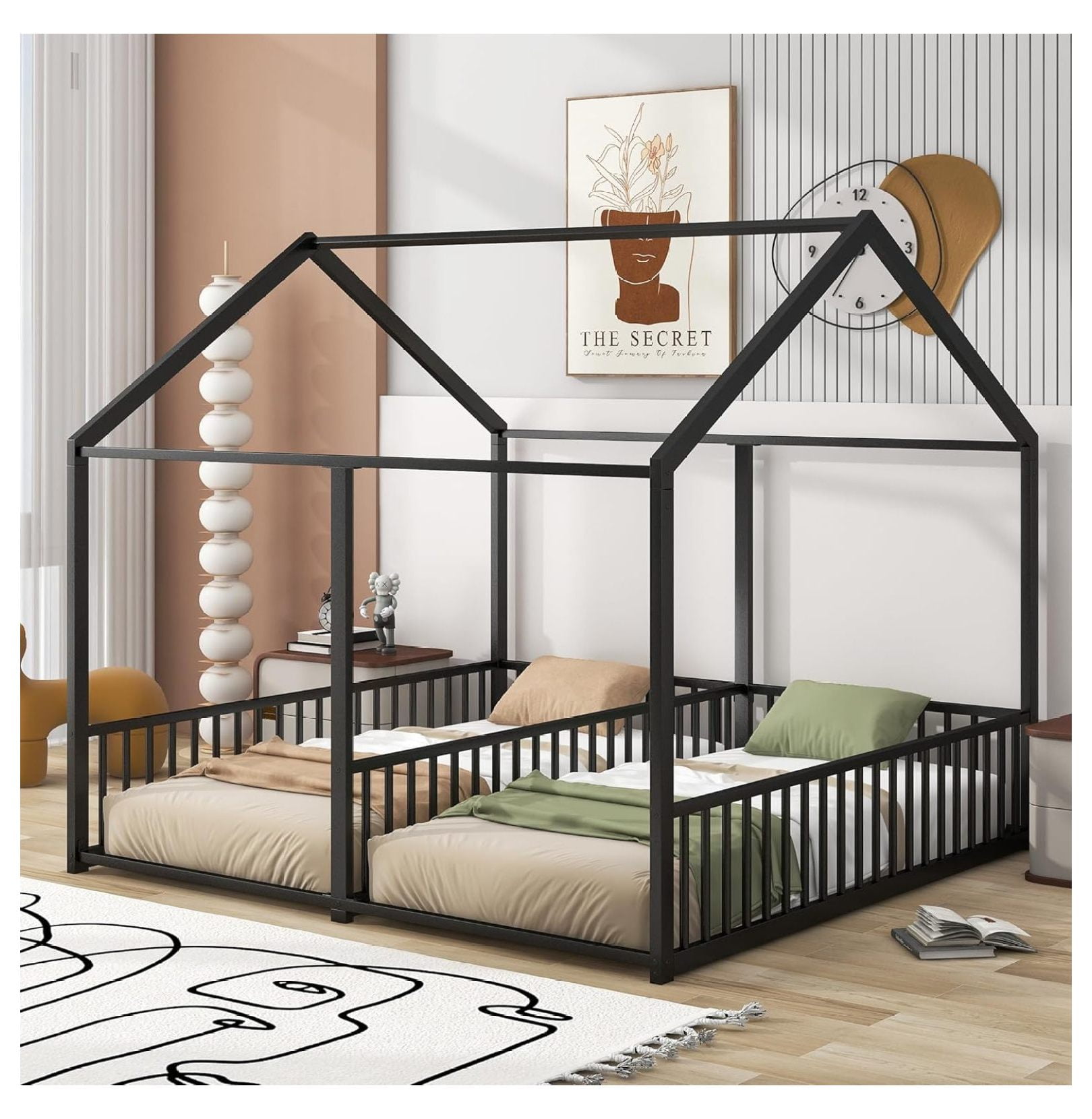 Metal Double Size House Platform Beds, Two Shared Bed, Heavy Duty Low ...
