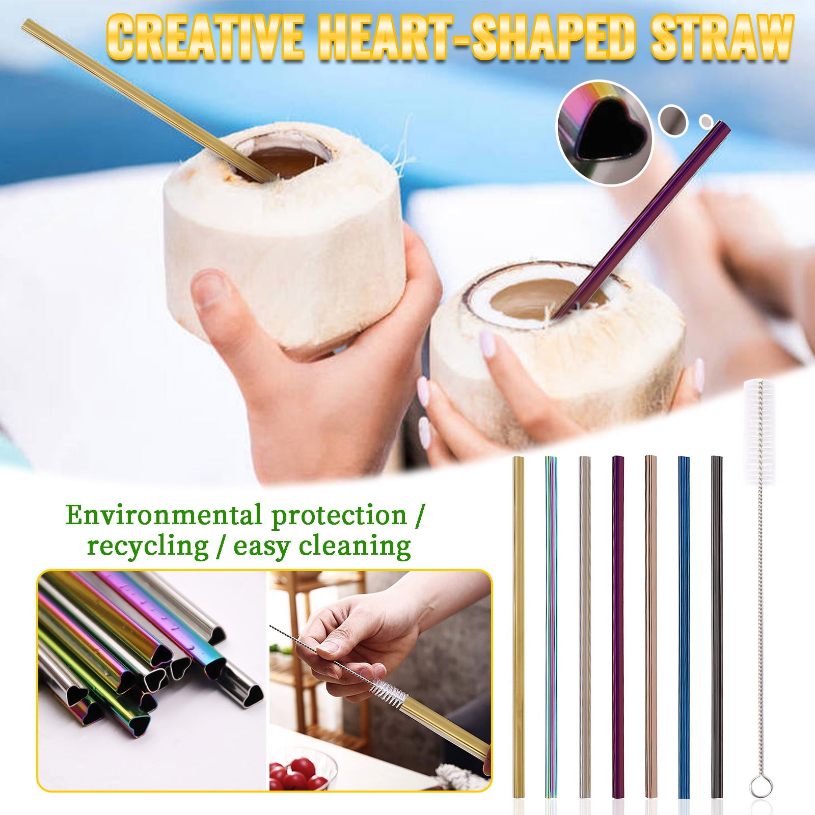 Metal Drinking Straws Heart Shaped Reusable Straight Drinks Straws ...