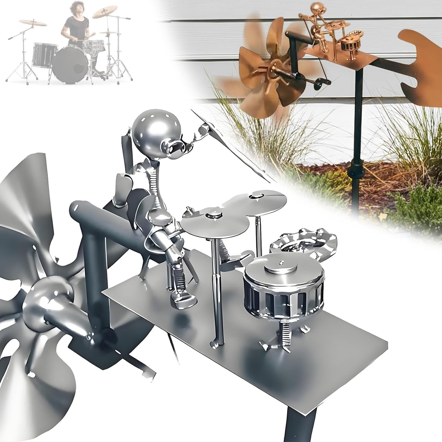 Metal Drummer Windmill Garden Decor, Percussionist Music Figurine, Wind ...
