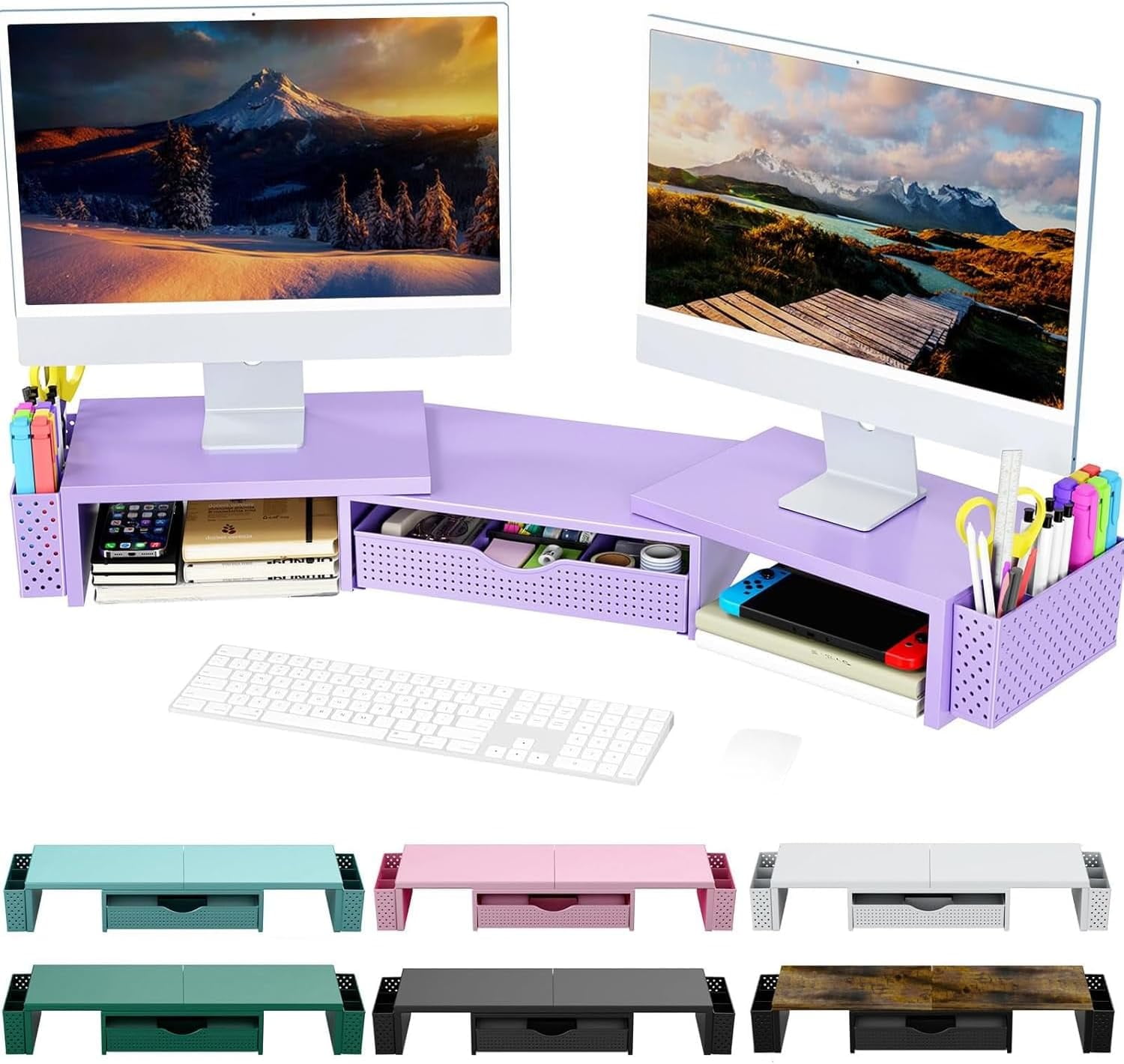 Metal Dual Monitor Stand Riser with Drawer & 2 Pen Holders - Ergonomic ...