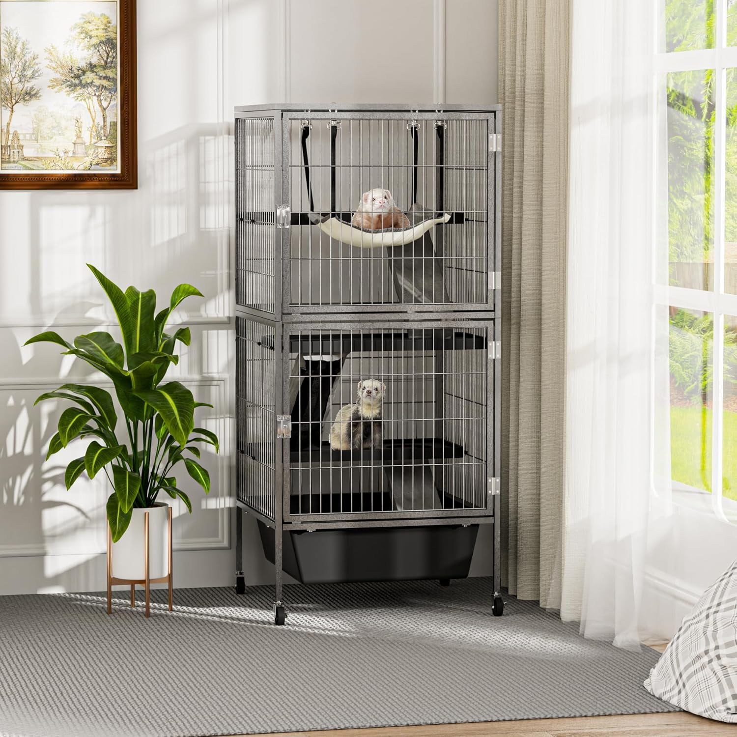 Metal Ferret Cage with 6" Deep Bottom Tray, 4 Tier Small Animal Cage ...