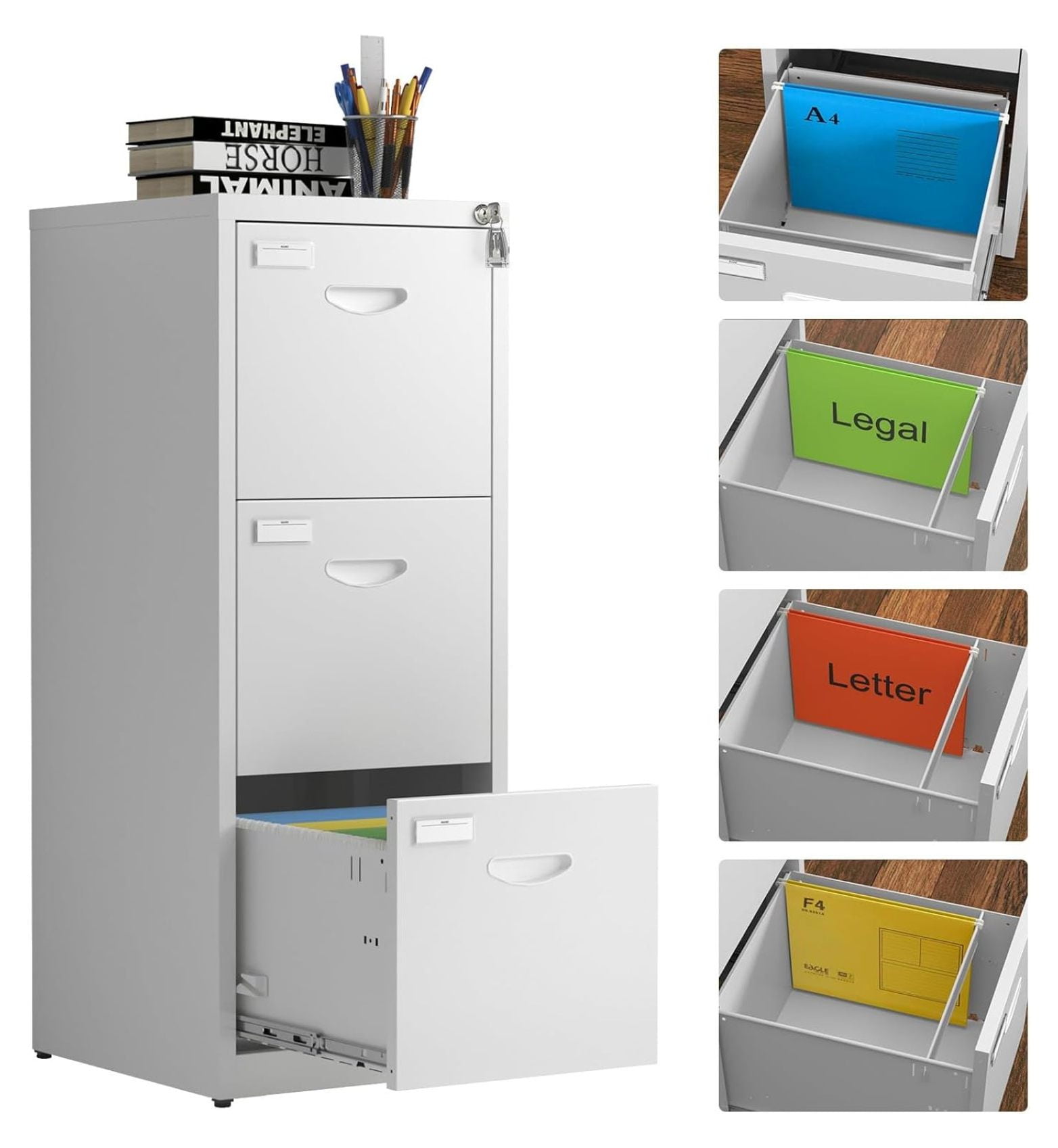 Metal File Cabinet with Lock, 3 drawer filing cabinet, White Locking ...