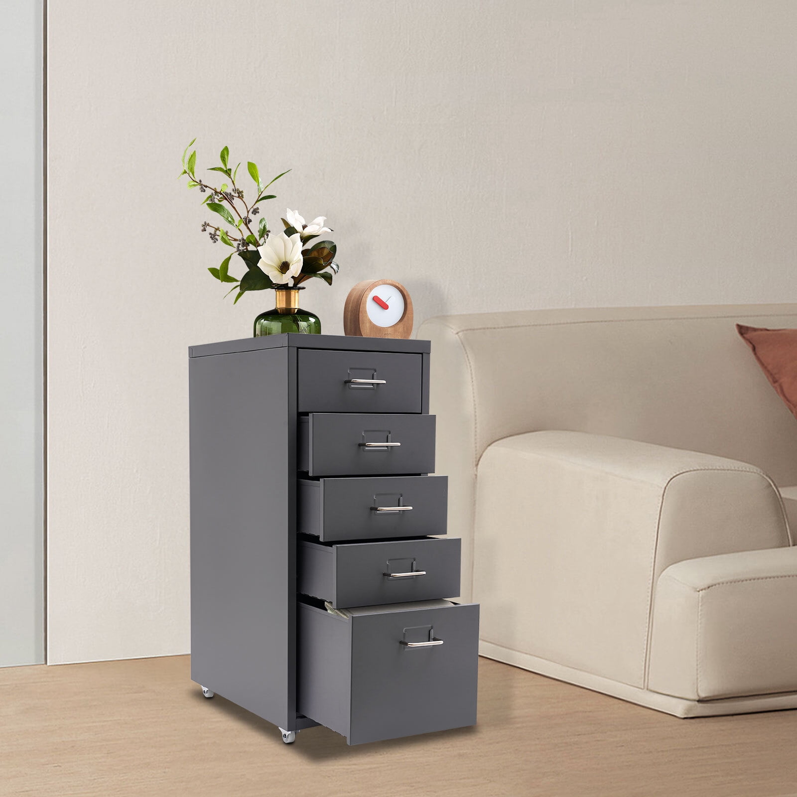 Metal File Storage Cabinet with Wheels, Tall Dresser Chest with 5 ...