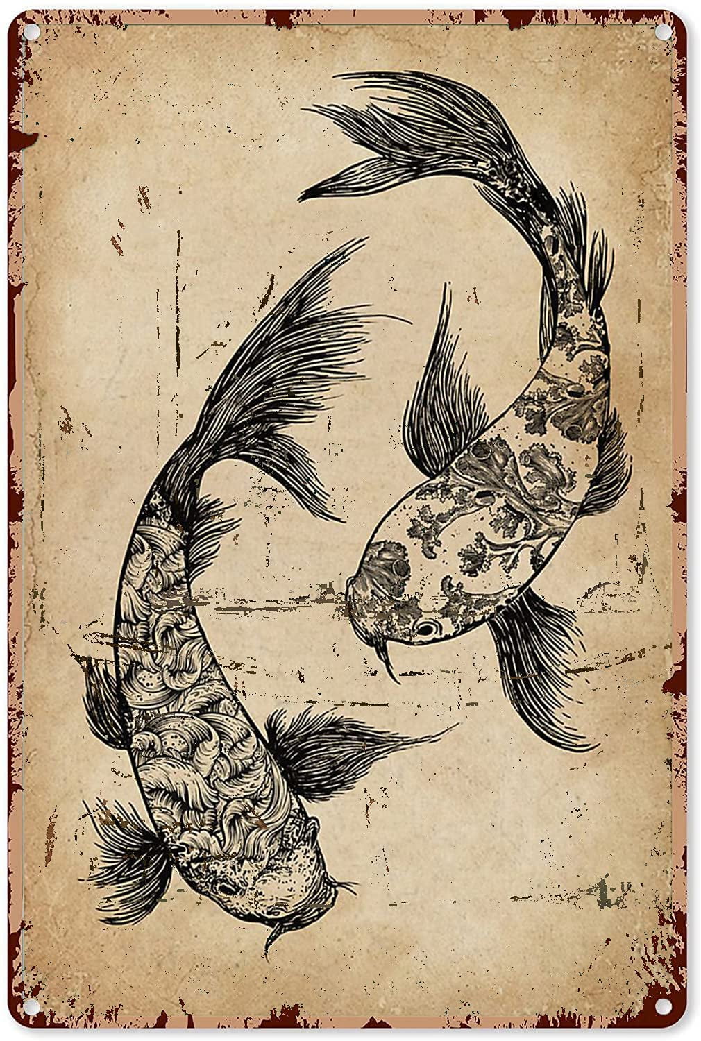 Metal Fishing Signs inksketch Koi Fish Retro Sign Decor Tin Aluminum ...