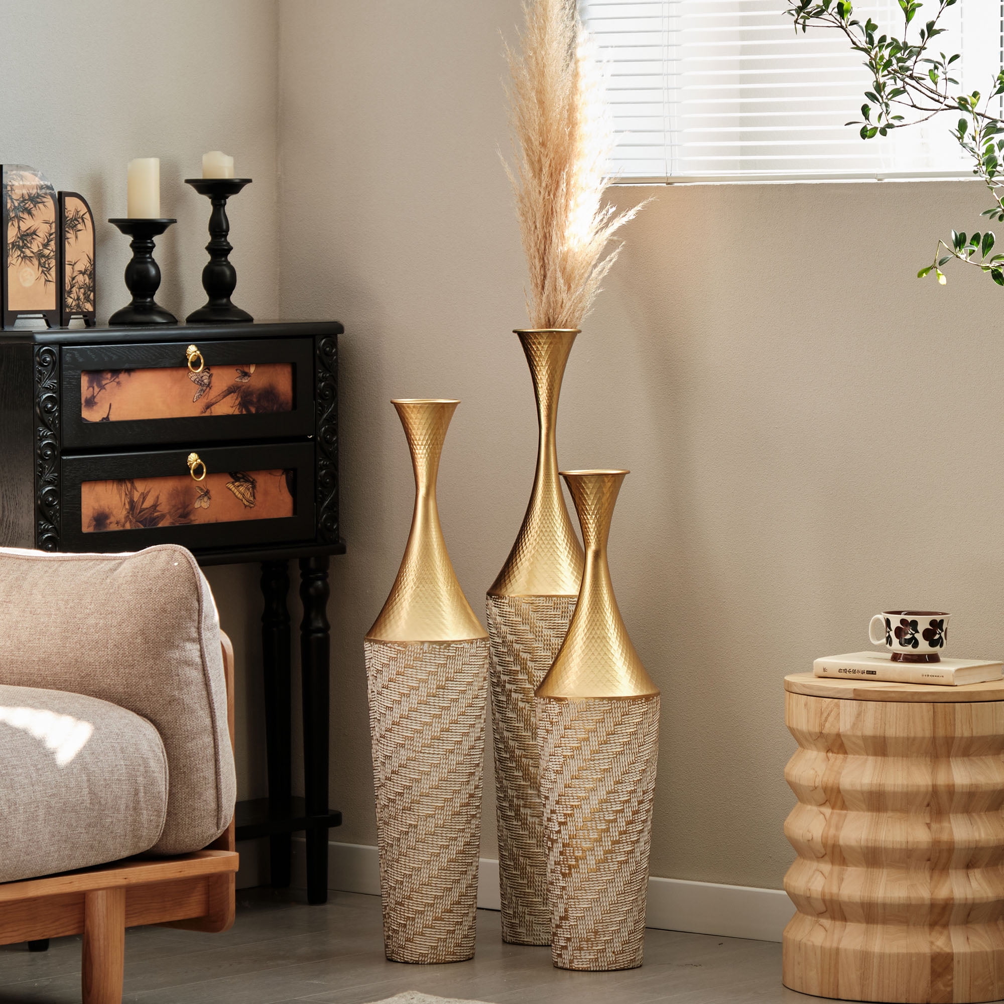 Metal Floor Vase (Set Of 3), Tall Large Flower Vase With Tapered ...