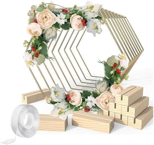 Metal Floral Hoop Centerpiece with Stand, Hexagonal Gold Ring ...