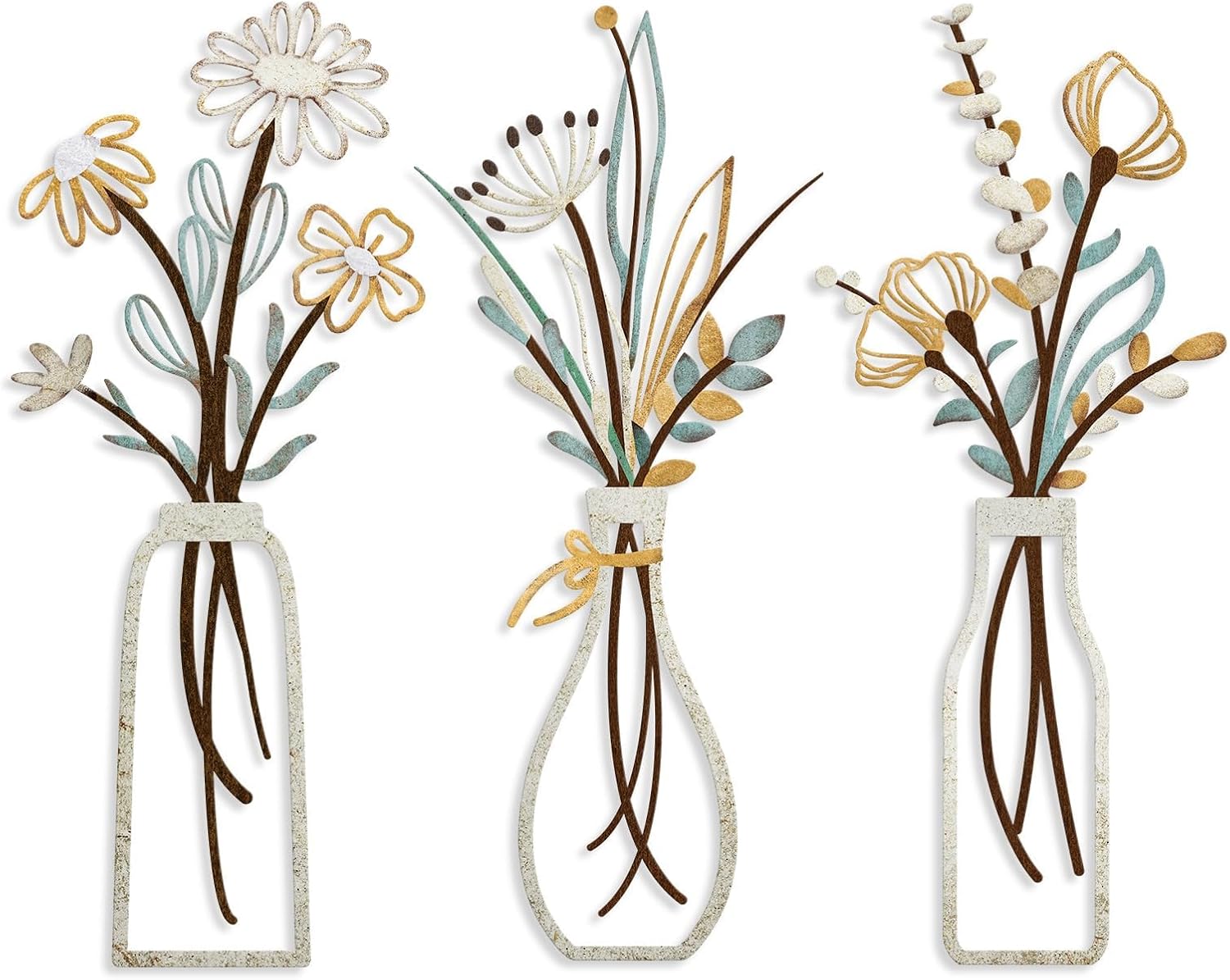 Metal Floral Wall Art Set, Vintage-Inspired 3D Botanical Decor with ...