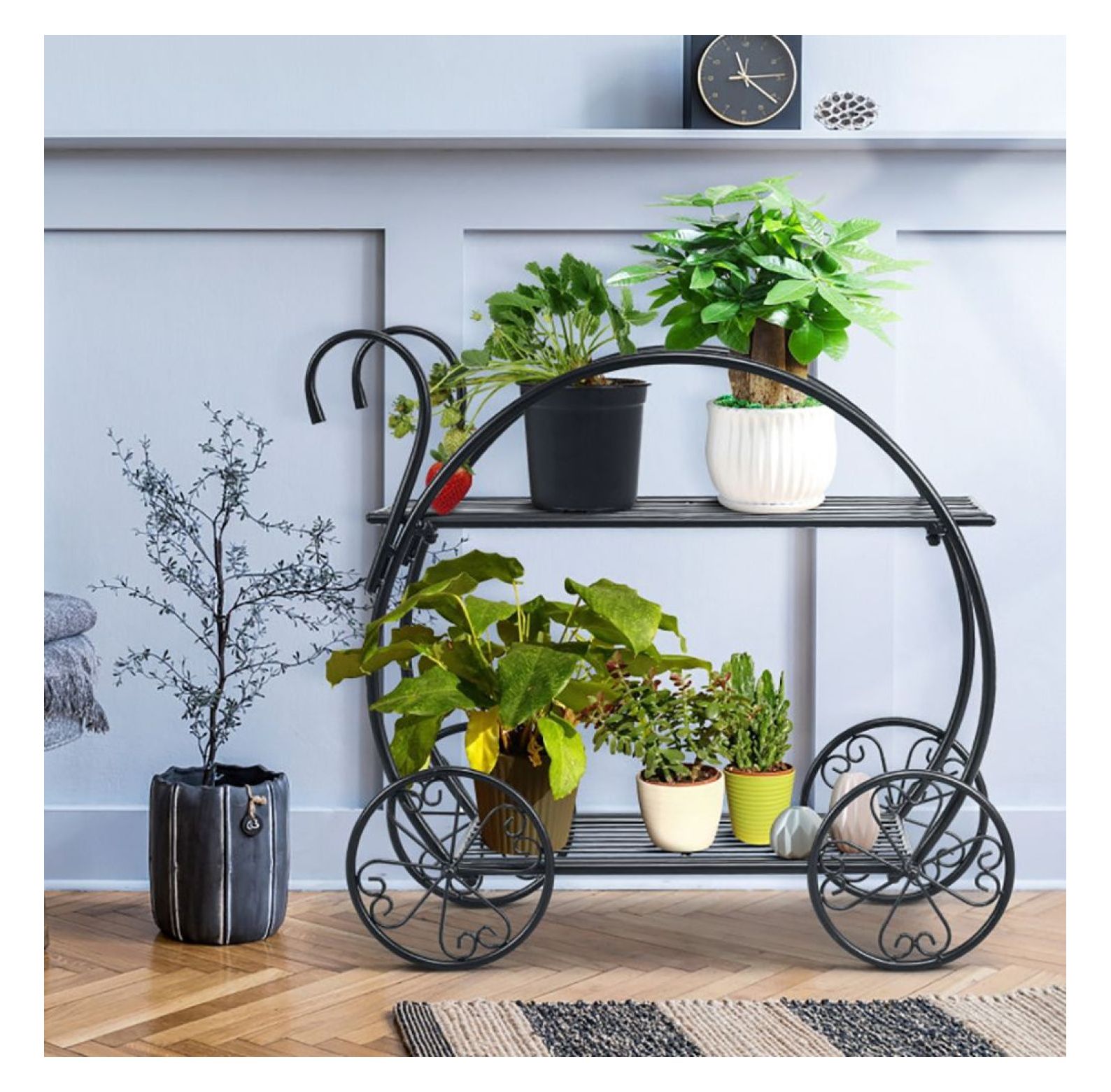 Metal Flower Cart Plant Stand - 2 Tier Heavy Duty Steel Rolling Garden ...