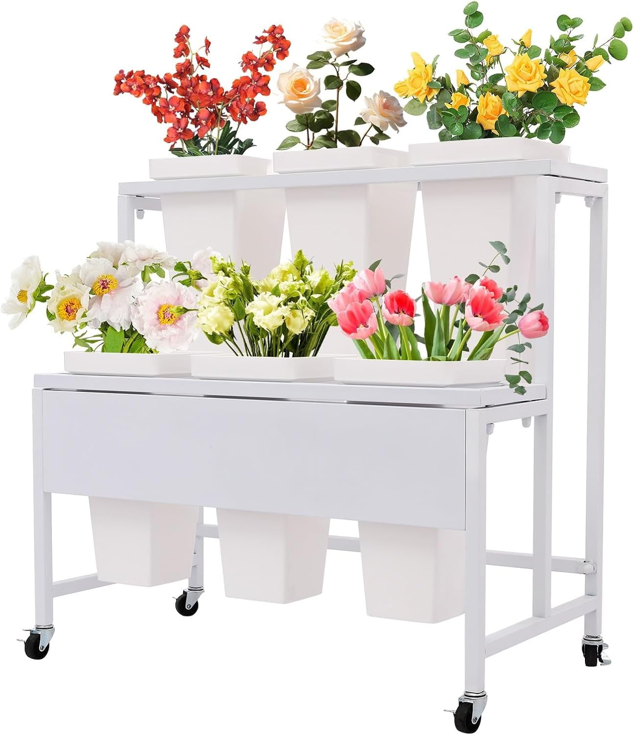 Metal Flower Display Stand with 6 Buckets, Flower Cart 2 Layers, Mobile ...