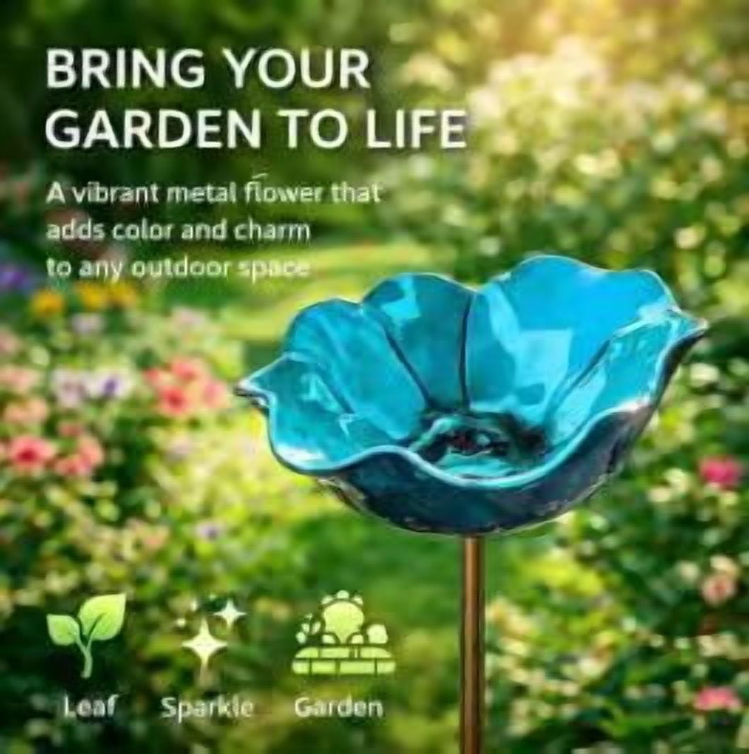 Metal Flower Garden Stakes Bird Bath Bowl, Handmade Resin Hummingbird ...