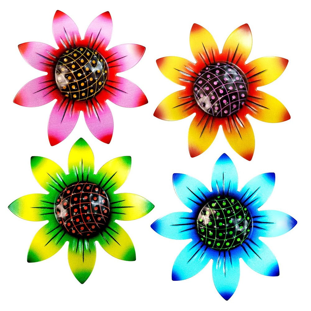Metal Flower Wall Art Decor,4 Pack Metal Colorful 5'' Flower Outdoor ...