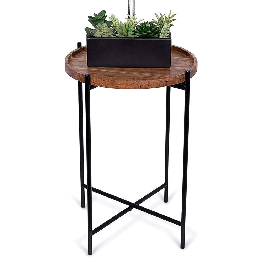 Metal Foldable Nightstand, Folding Side Table with Removable Wood Tray ...