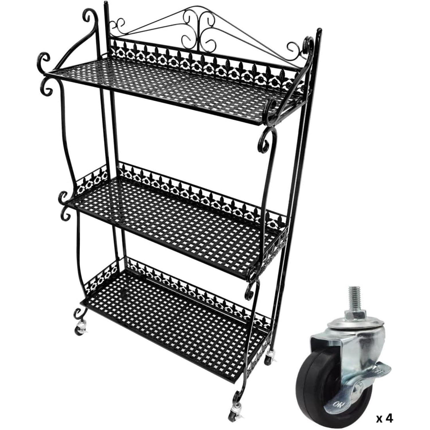 Metal Foldable Plant Stand with Caster Wheels, 3 Tier Black Plant Shelf 23w x 9.5d x 41h Inches ...
