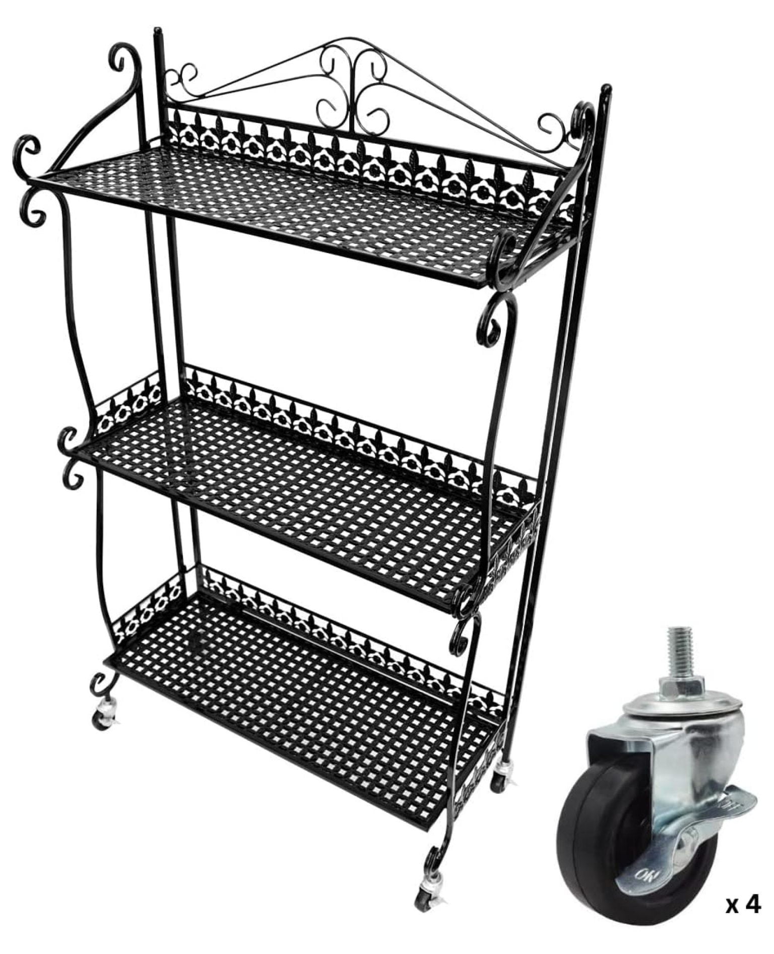 Metal Foldable Plant Stand with Caster Wheels, 3 Tier Black Plant Shelf 23w x 9.5d x 41h Inches ...