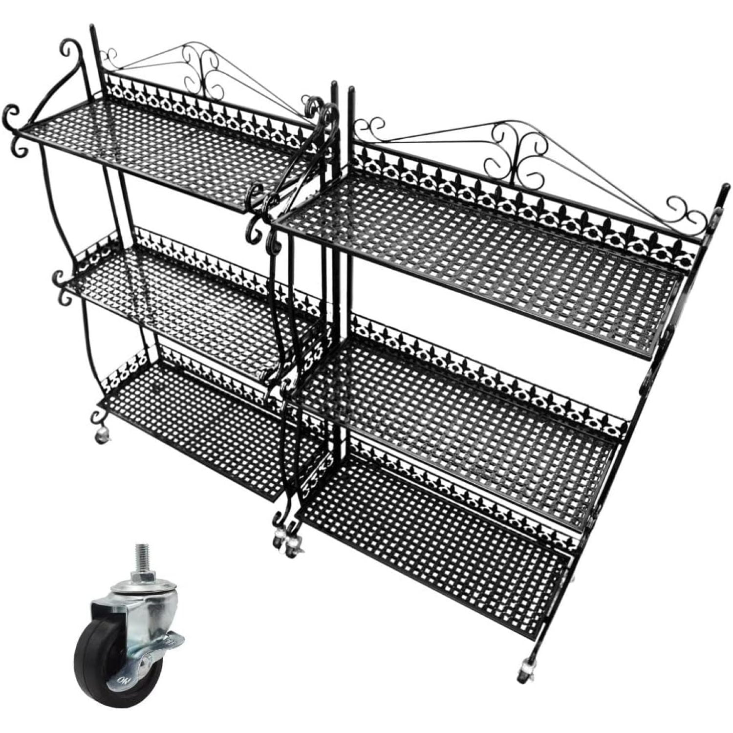 Metal Foldable Plant Stand with Caster Wheels, 3 Tier Black Plant Shelf 23w x 9.5d x 41h Inches ...