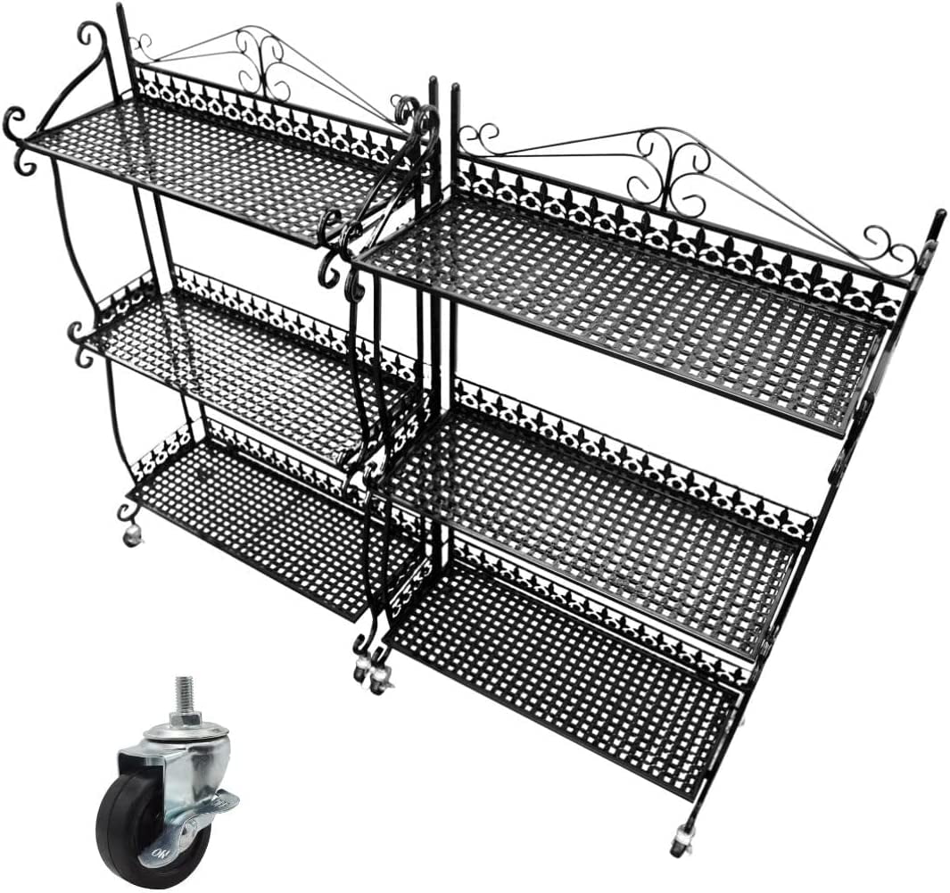 Metal Foldable Plant Stand with Caster Wheels, 3 Tier Black Plant Shelf 23w x 9.5d x 41h Inches ...