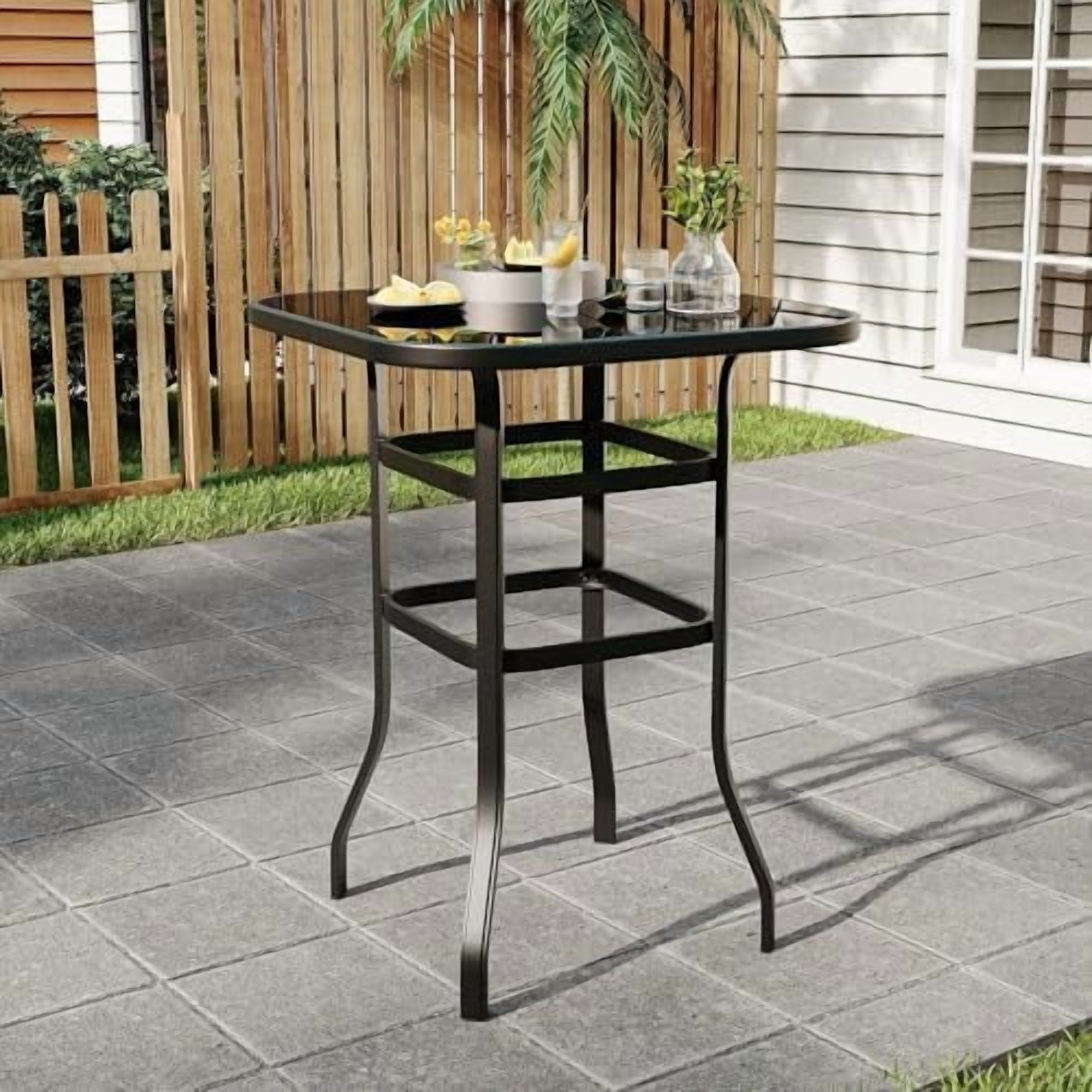 Metal Frame Bar Table Square Tempered Glass Metal Table Outdoor Bar ...