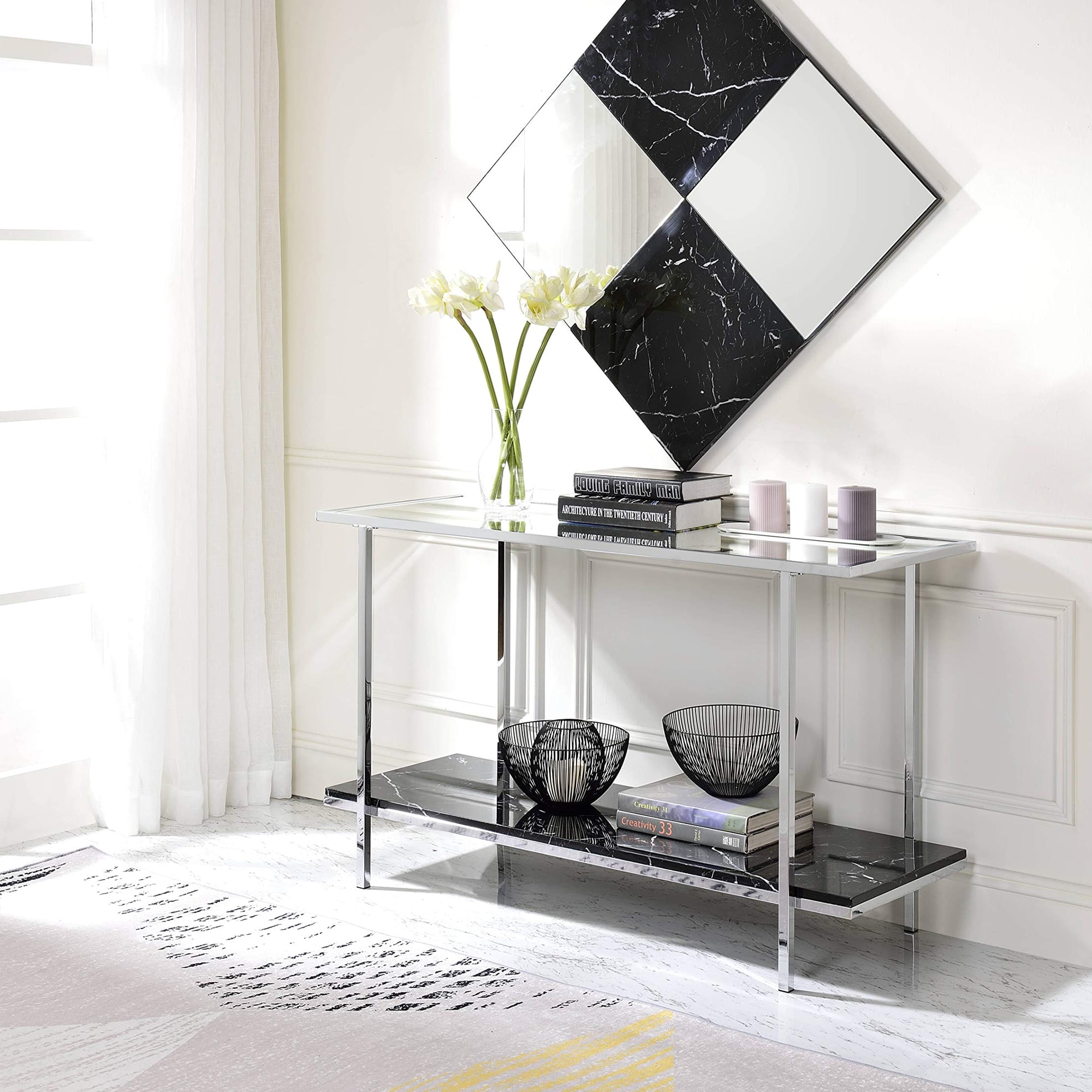 Metal Frame Console Table in Mirrored and Faux Marble and Chrome ...