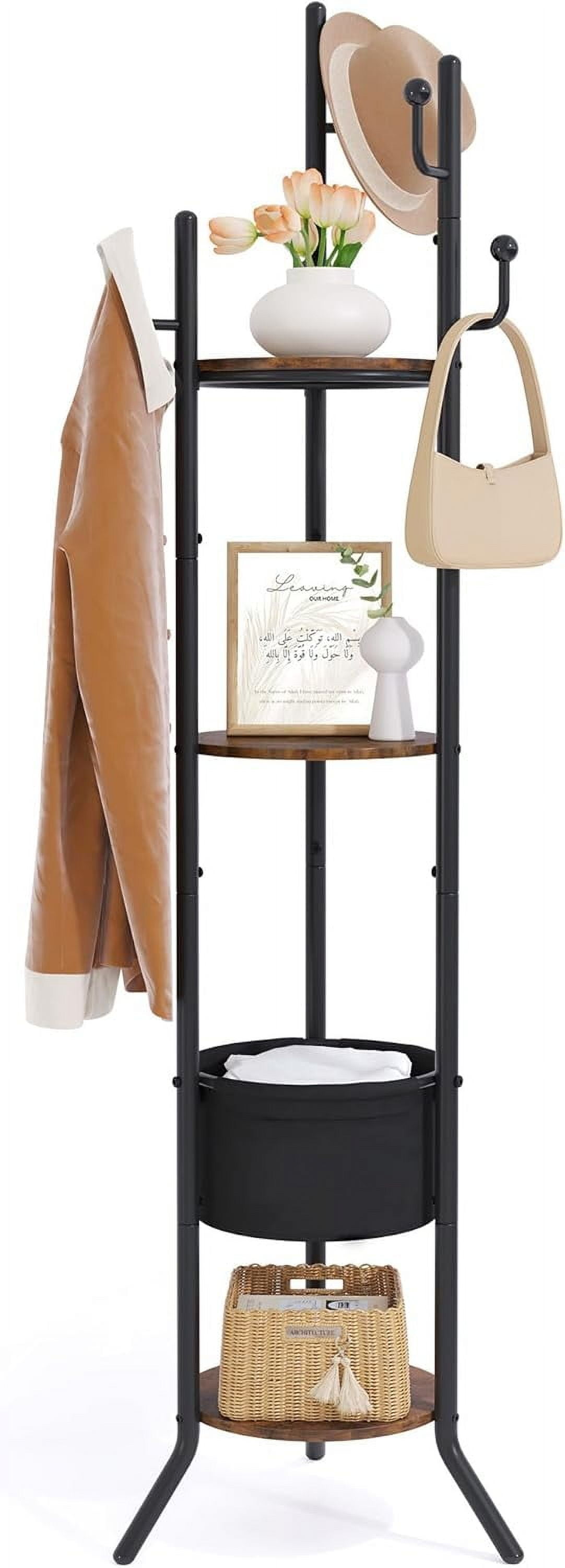 Metal Freestanding Coat Rack with 5 Hooks, 3 Wooden Shelves and Fabric ...