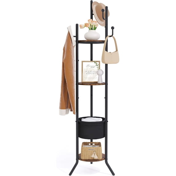 Metal Freestanding Coat Rack with 5 Hooks, 3 Wooden Shelves and Fabric ...