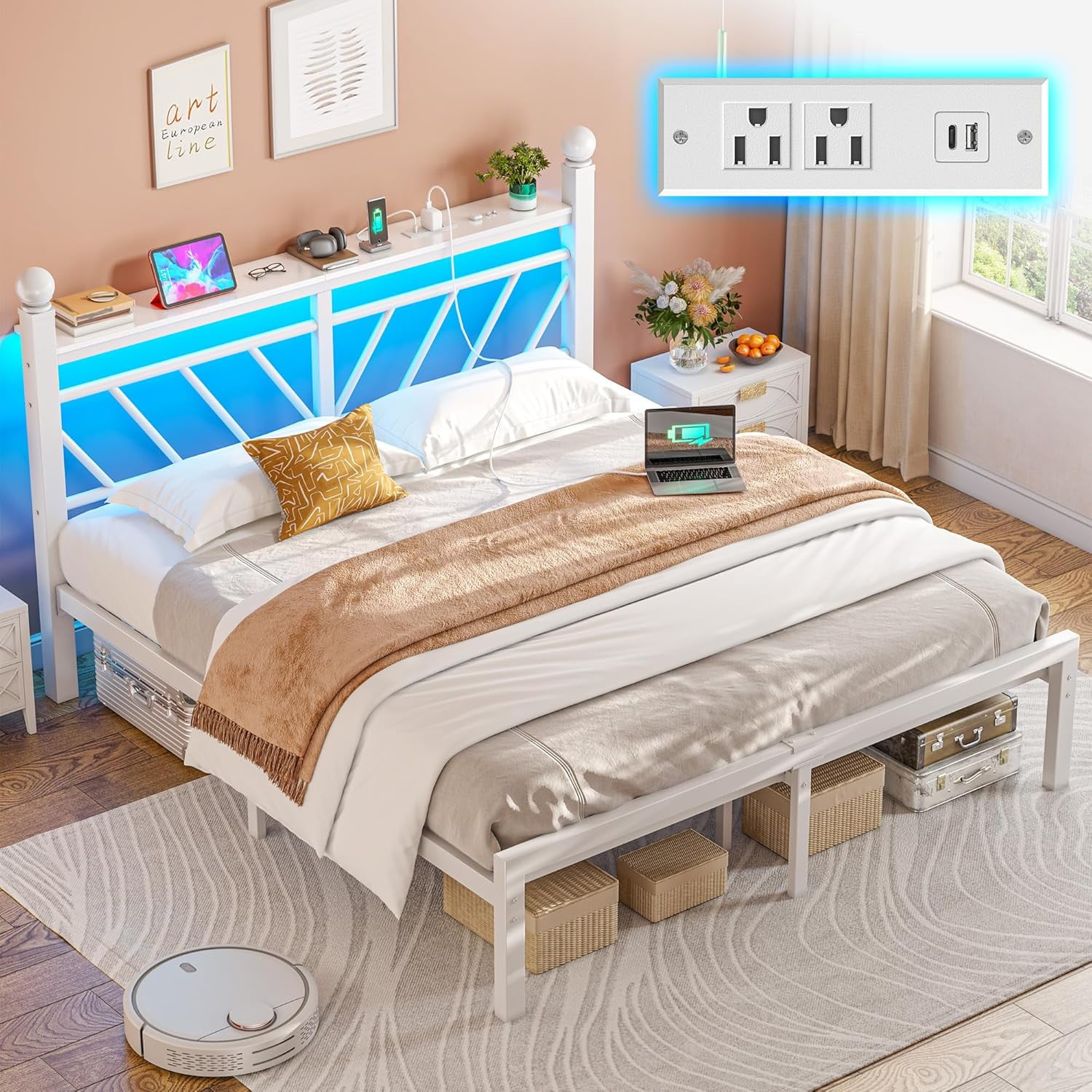 Metal Full Bed Frame with LED Lights and Charging Station, Full Size ...
