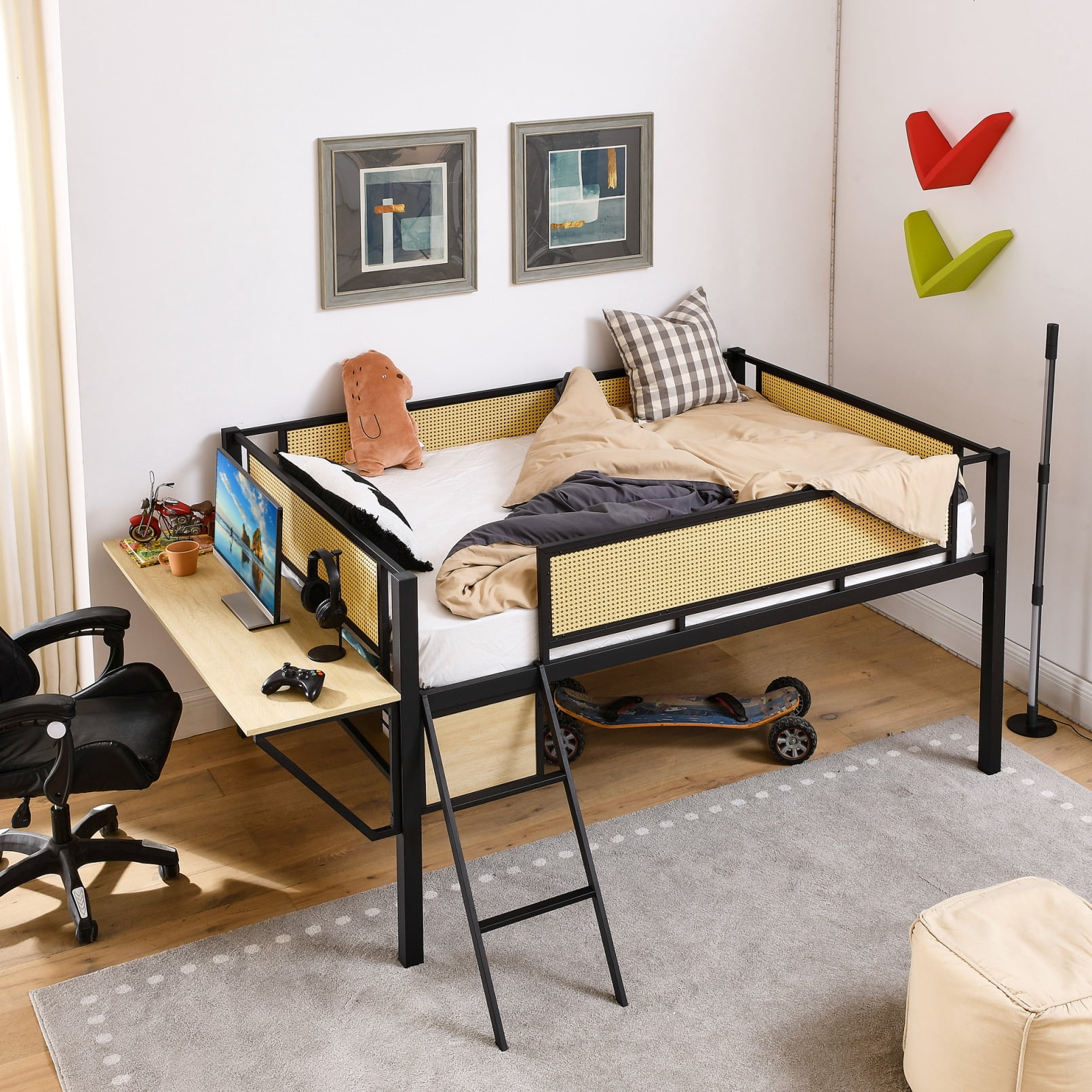 Metal Full Loft Bed with Rectangular Desk, Storage Shelves and Hanging ...