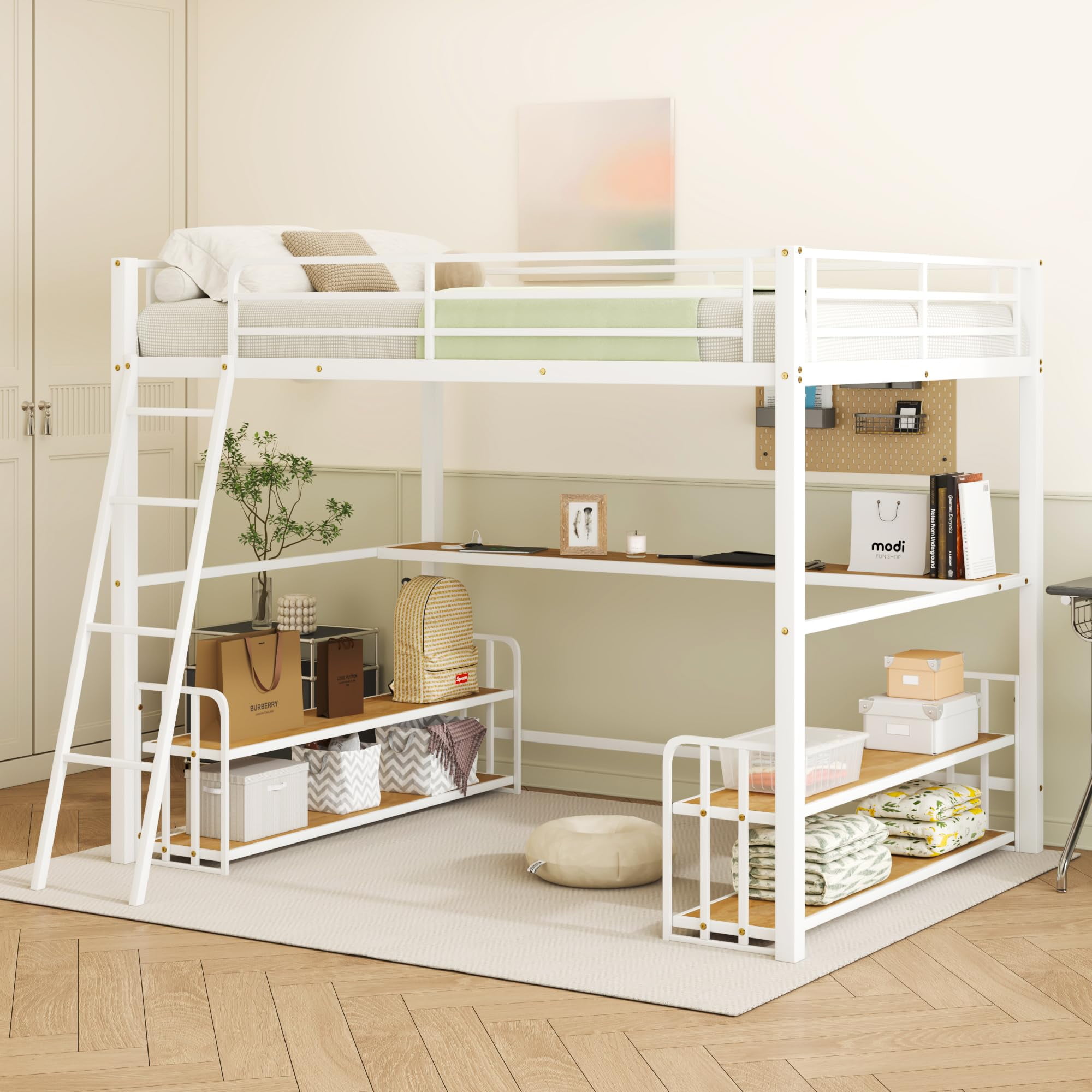 Metal Full Size Loft Bed with Desk and Charging Station,Heavy Duty Loft Bed Frame with Storage ...