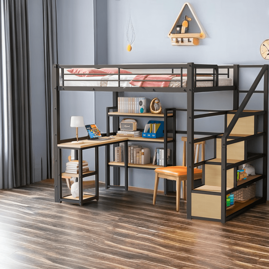 Metal Full Size Loft Bed with Storage Staircase, Built-in Desk and 3 ...