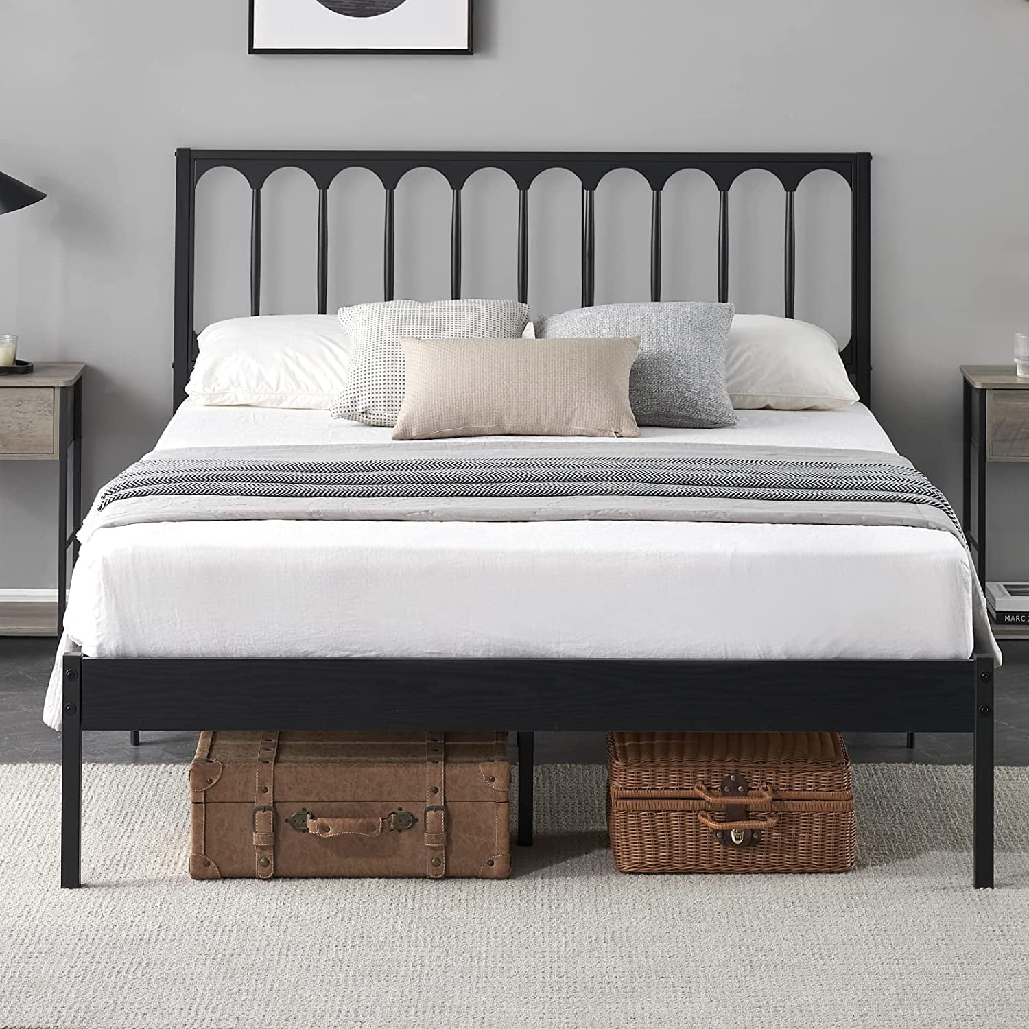 Metal Full Size Platform Bed Frame with Wave Wooden Headboard, Heavy ...