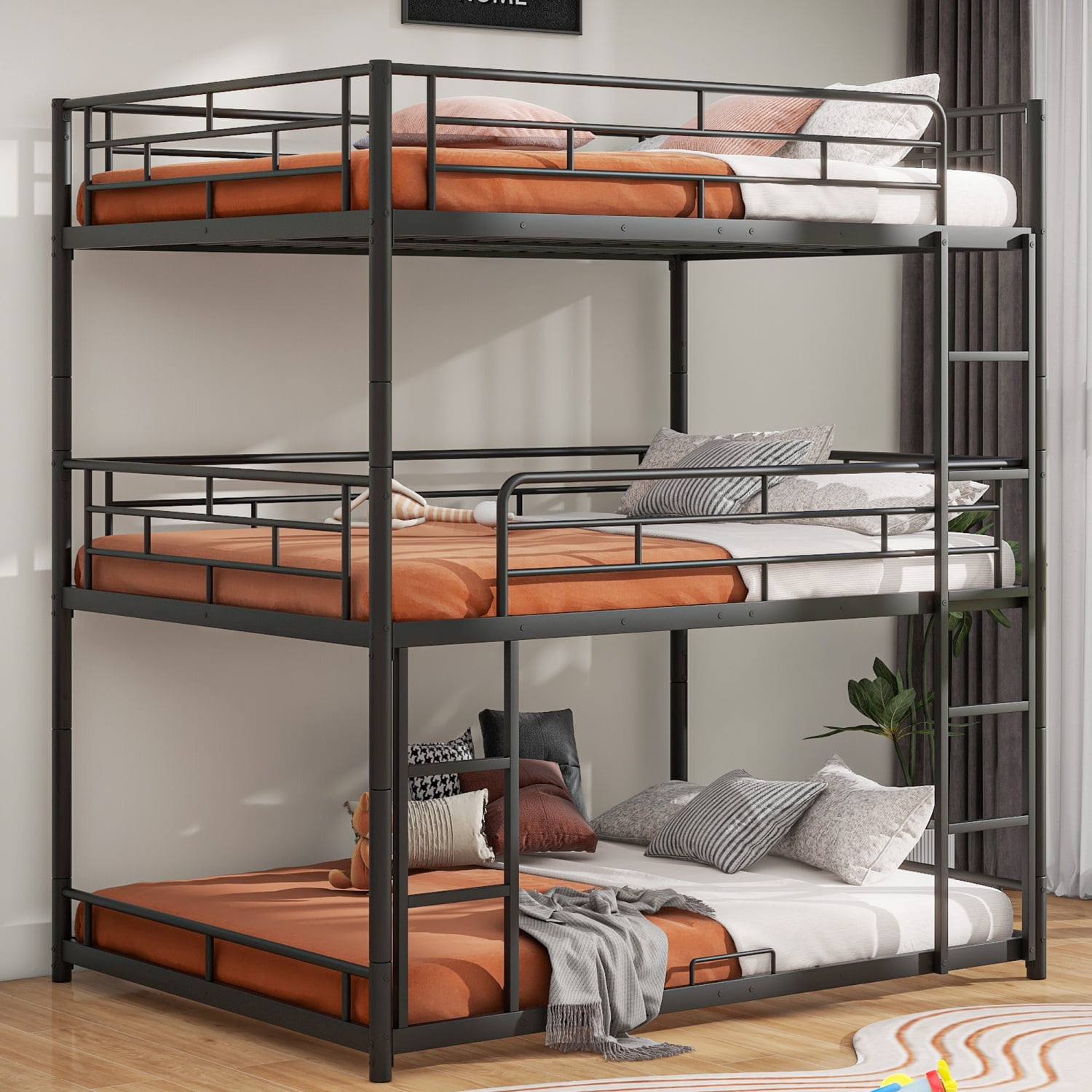 Metal Full Size Triple Bunk Bed With Trundle, 4 in 1 Triple Bunk Beds ...