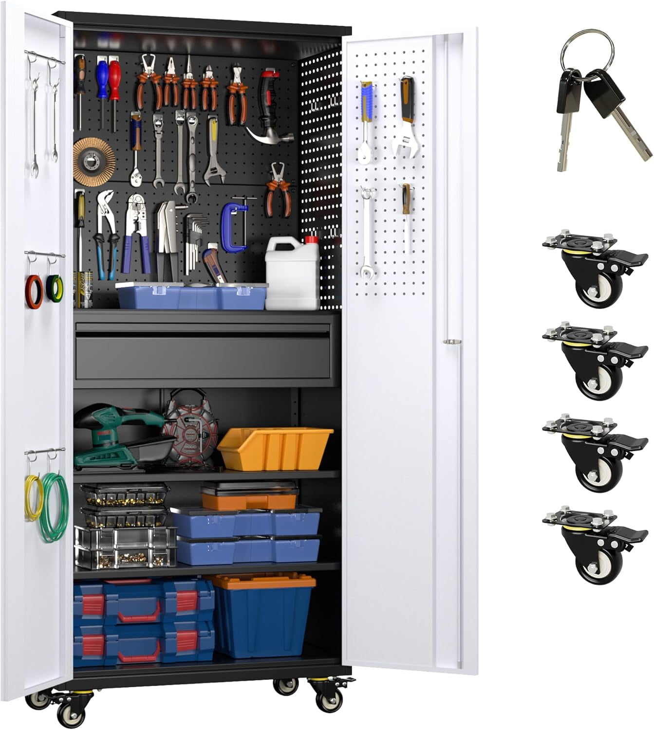 Metal Garage Cabinet with Wheels,71''H Rolling Lockable Steel Tool ...