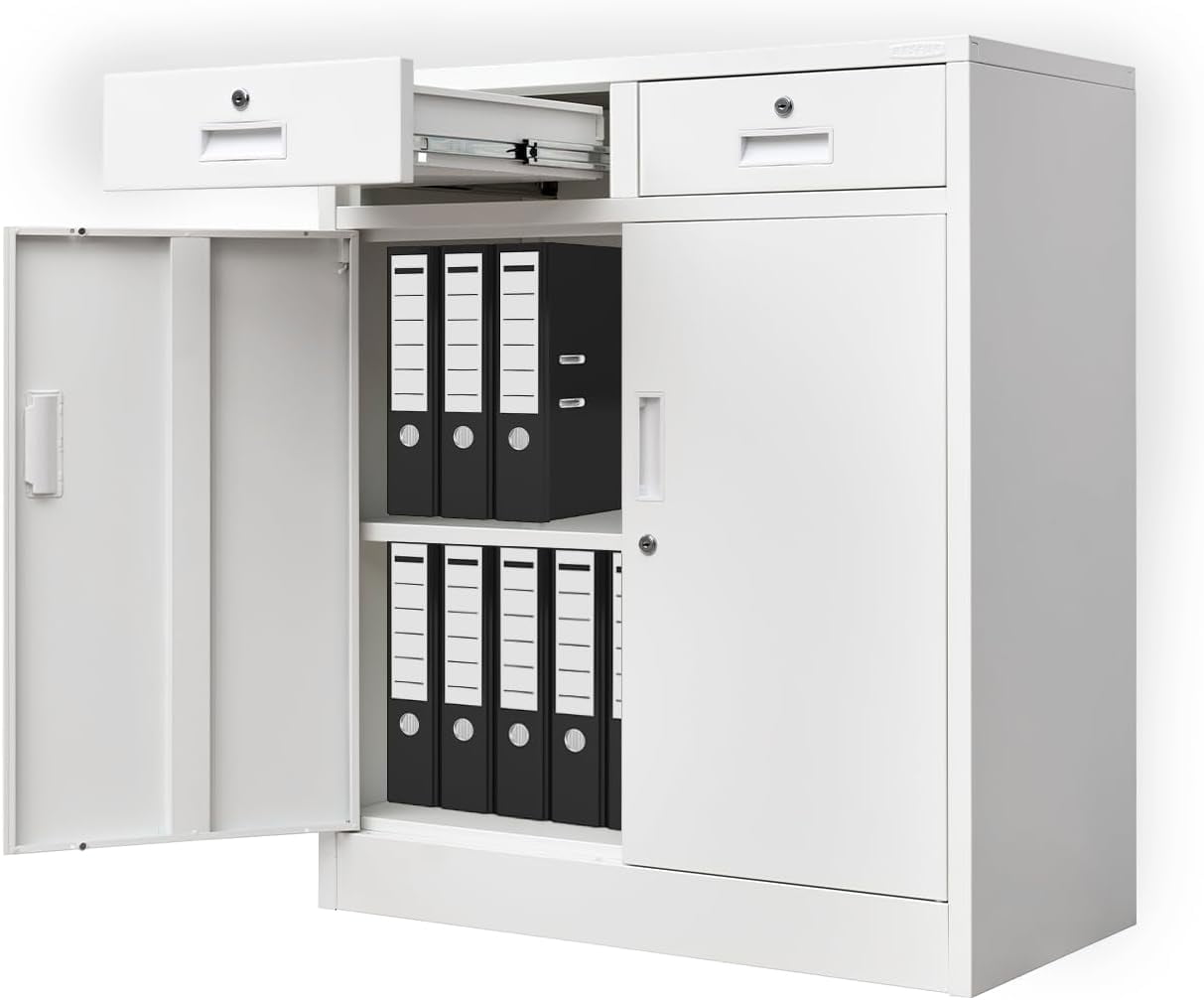 Metal Garage Cabinet with 2 Drawers. Lockable Metal Storage with Doors ...