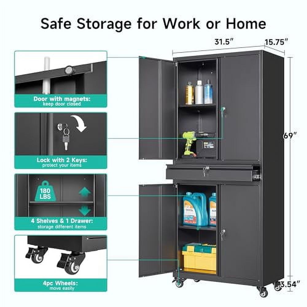 Metal Garage Storage Cabinet with 4 Wheels and 1 Drawer,Rolling Garage ...