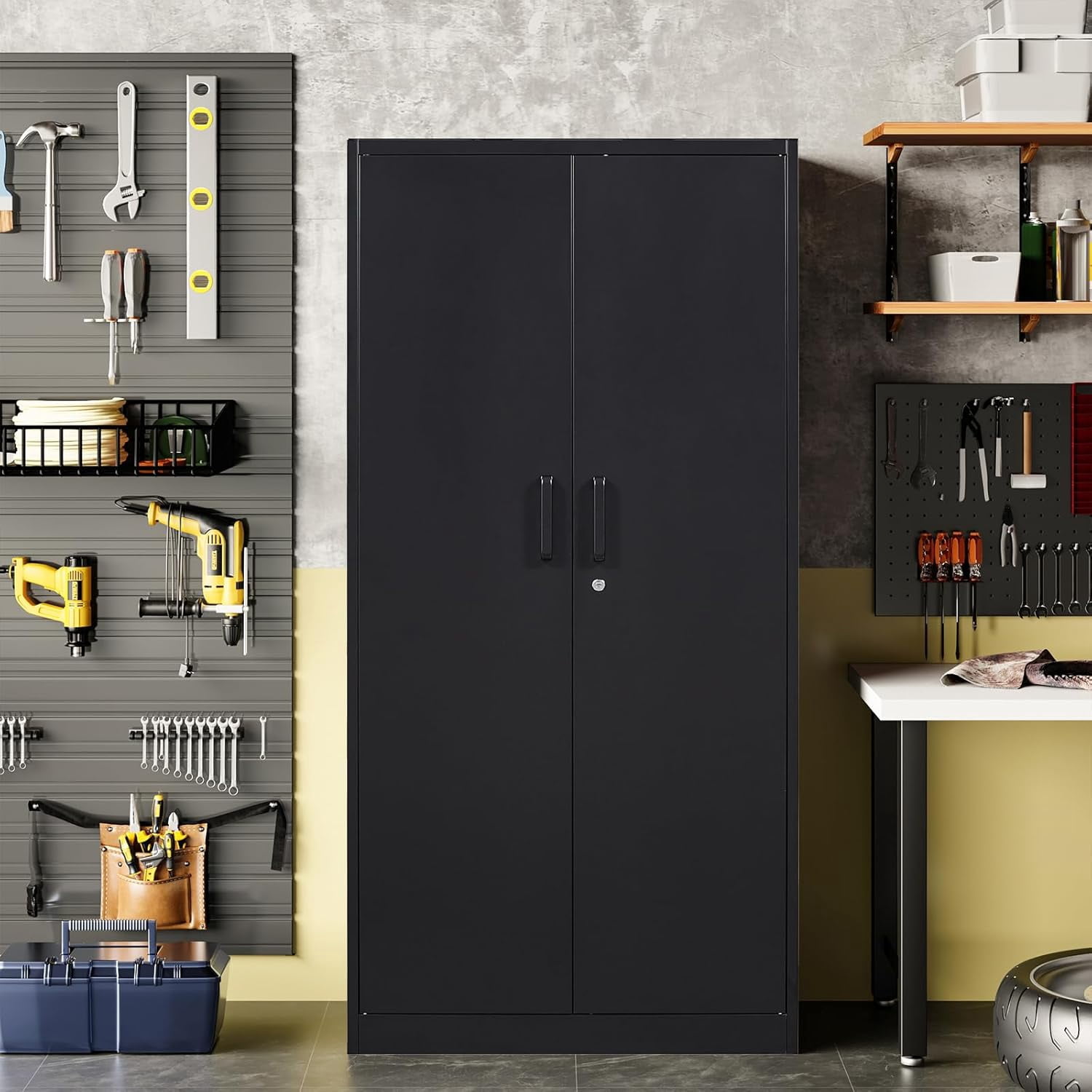 Metal Garage Storage Cabinet, 71" Locking Storage Cabinet with 2 Doors ...