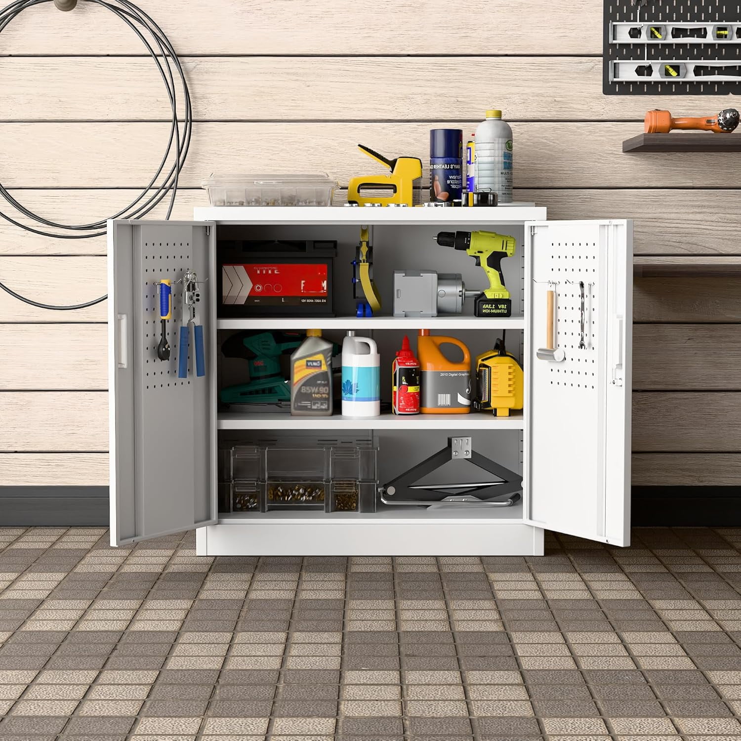 Metal Garage Storage Cabinet with Lock and Pegboard, Steel File ...