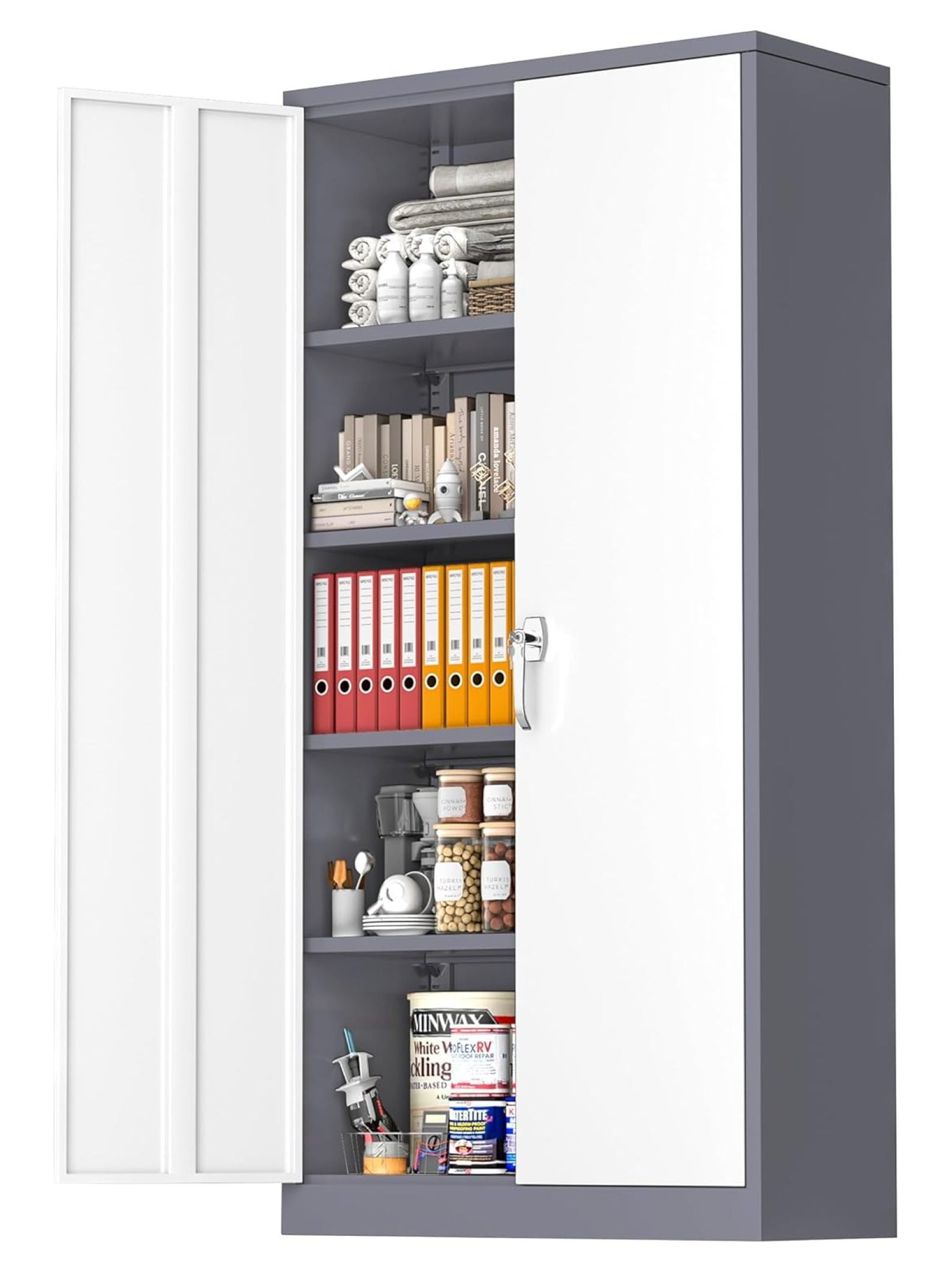 Metal Garage Storage Cabinet, Tall Steel Storage Cabinets with 2 Doors ...