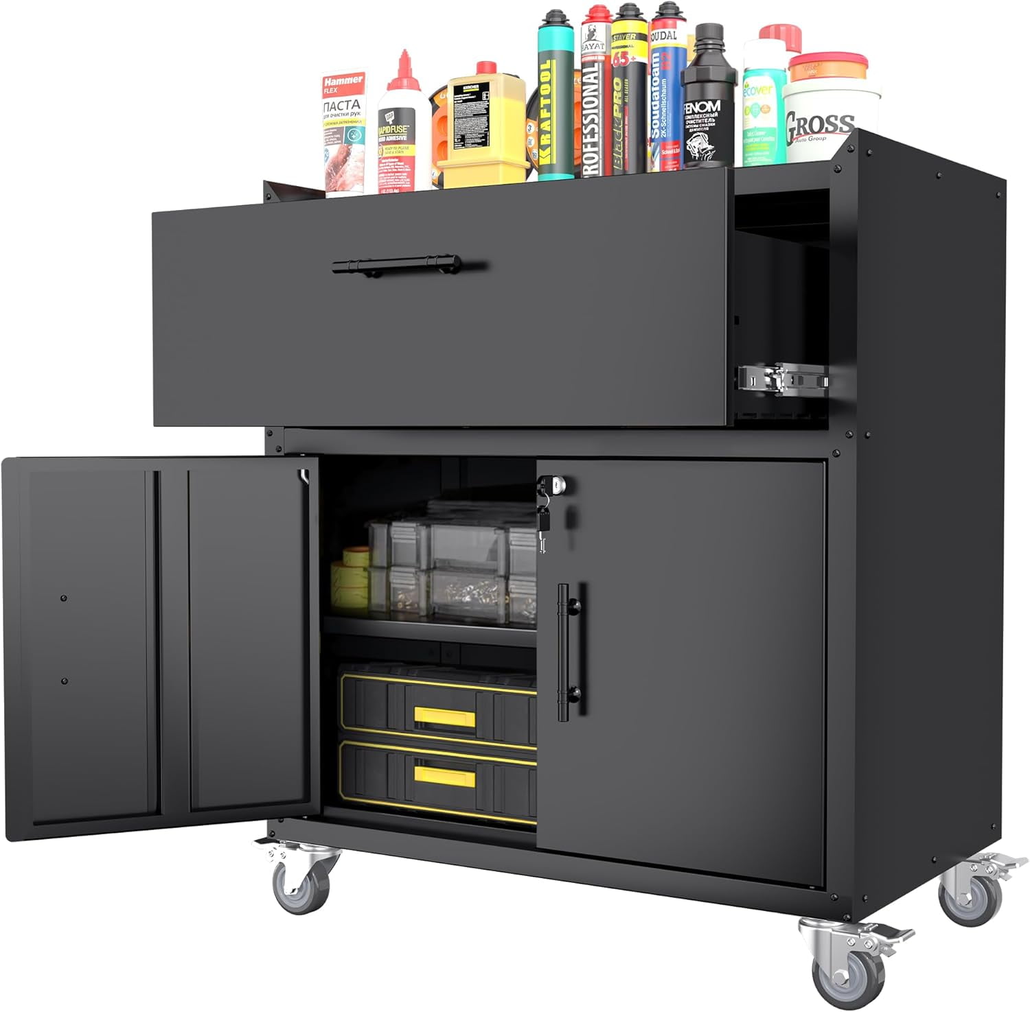 Metal Garage Storage Cabinet with Wheels，35.4" H Storage Drawer Cabinet ...