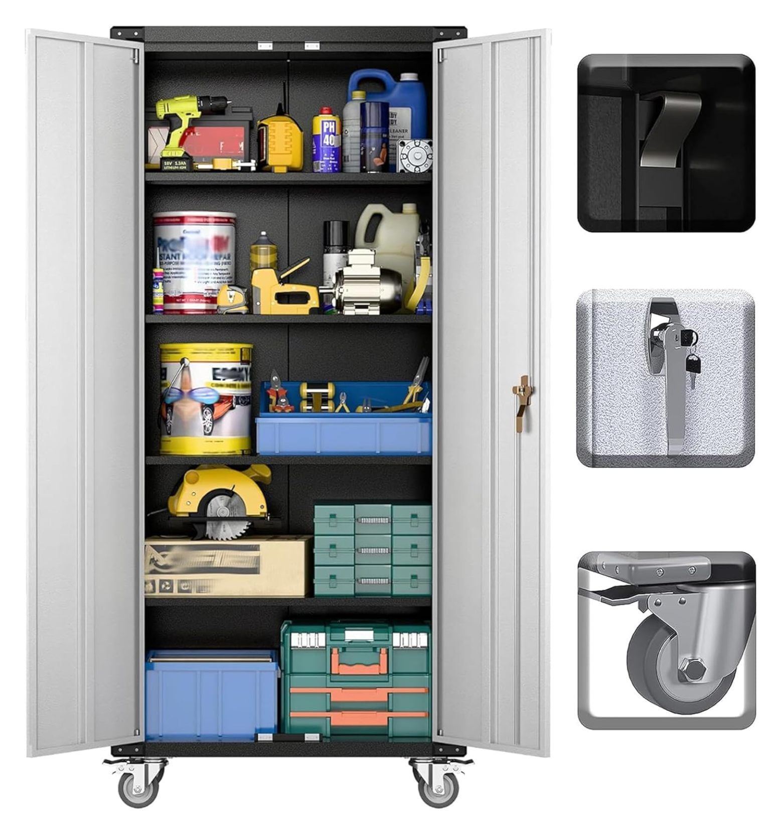 Metal Garage Storage Cabinet with Wheels, 72" H Rolling Tool Storage ...